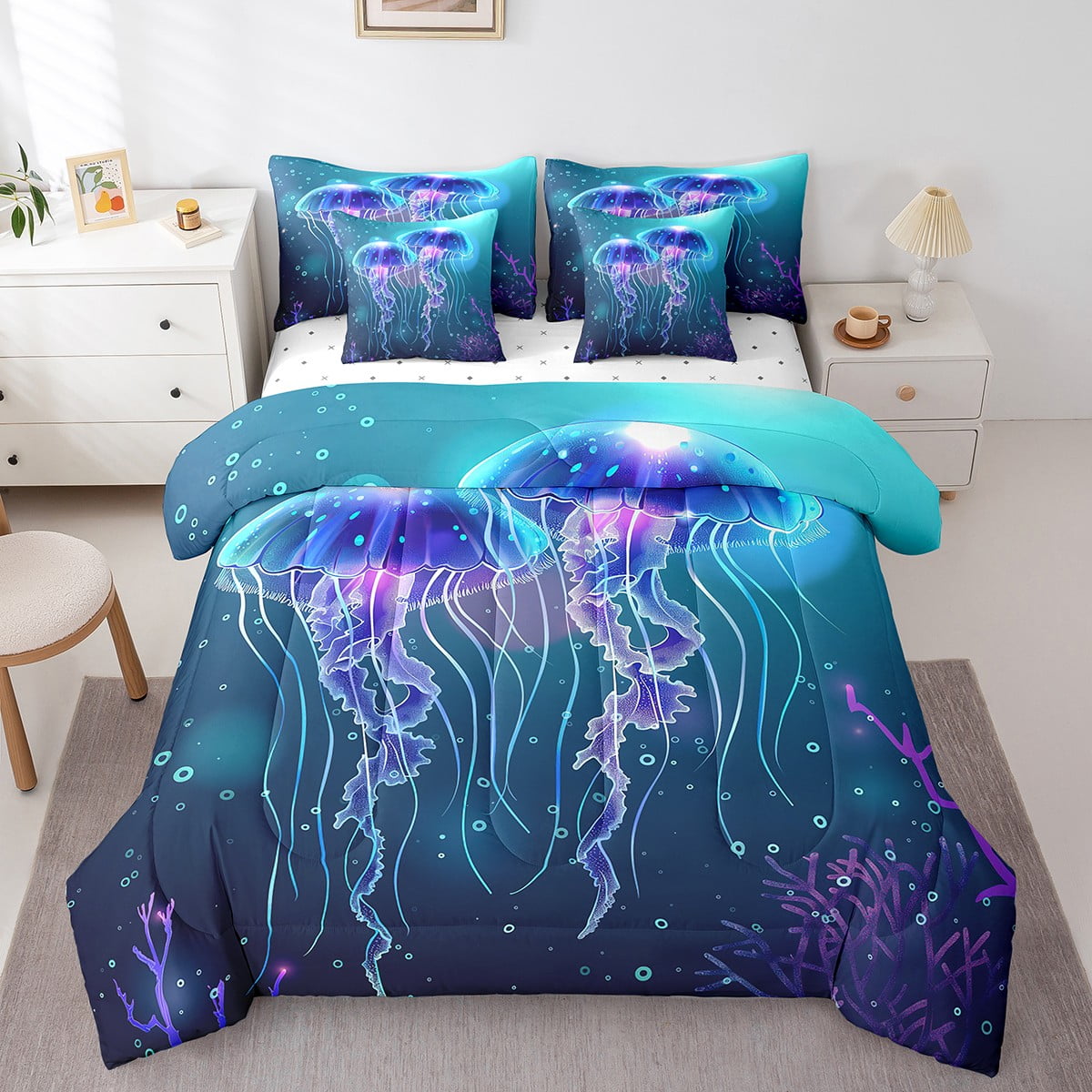 Jellyfish Bed in a Bag King Size Comforter Set 7 Pieces,Nautical Sea ...