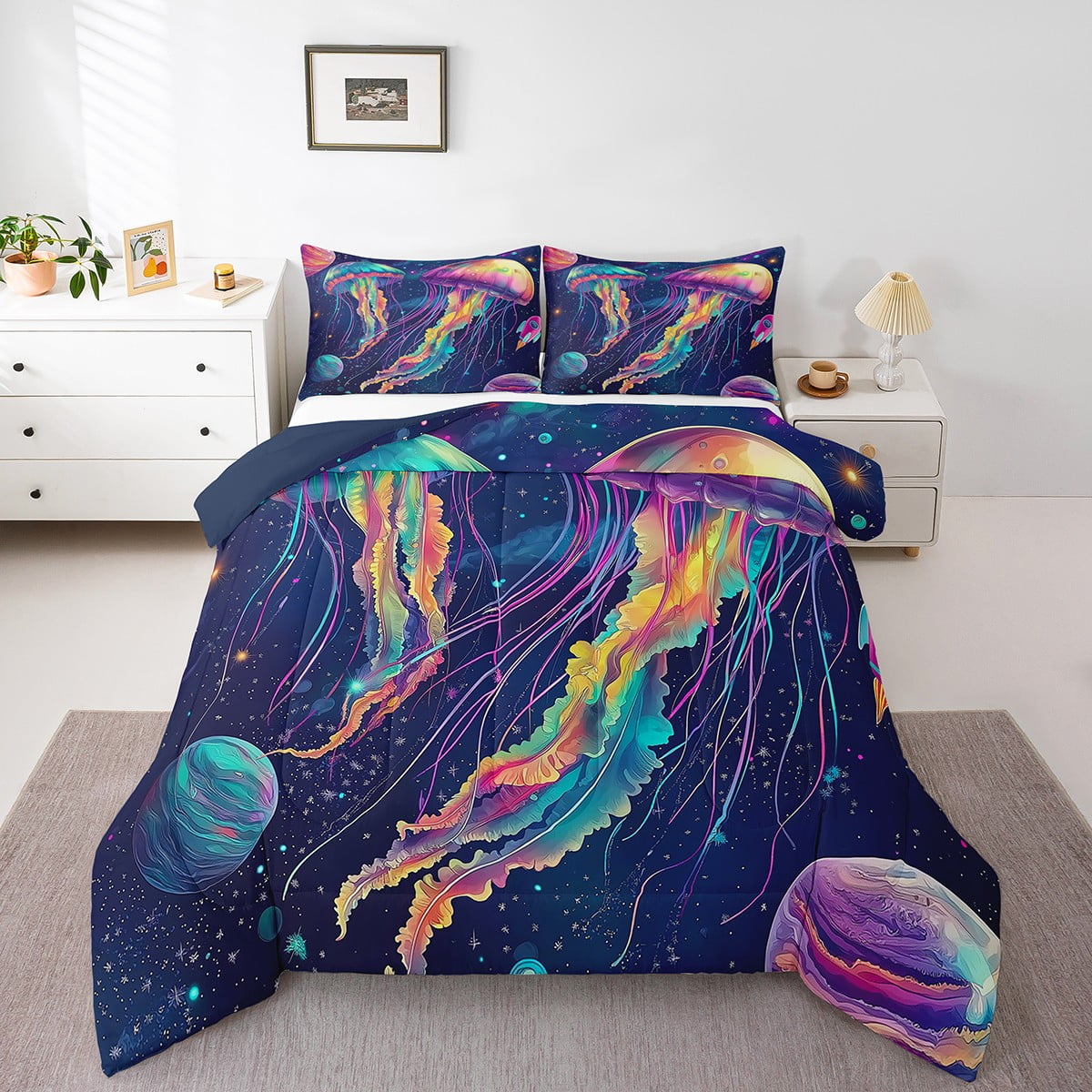 Jellyfish Bedding Sets Full Size Cute Cartoon Jellyfish Comforter Set Blue Galaxy Starry Sky ...
