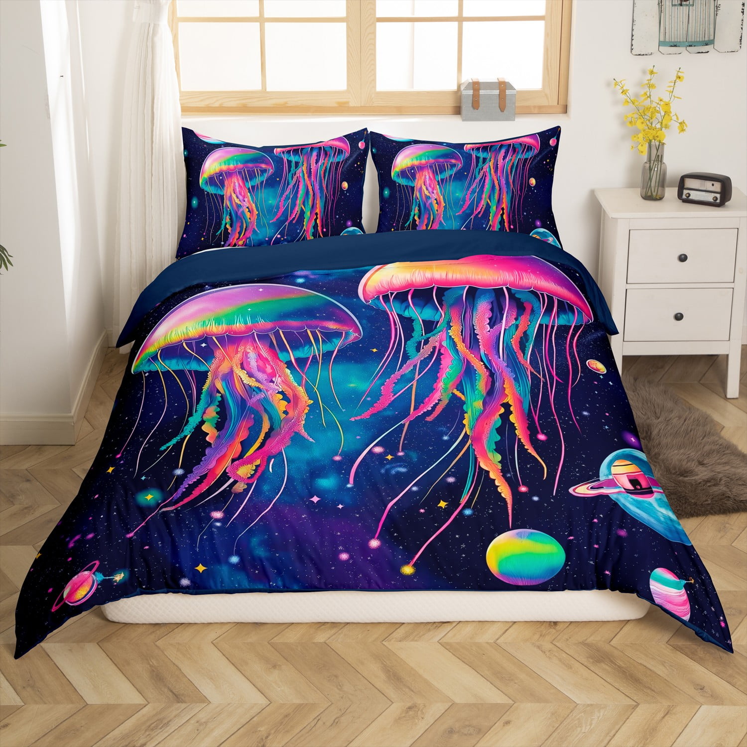 Jellyfish Bedding Sets Queen Size Blue Galaxy Starry Sky Print Duvet Cover Sea Animal Comforter ...