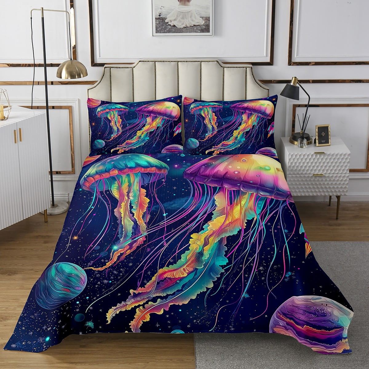 Jellyfish Bedspread King Size Cute Cartoon Jellyfish Quilt Set Blue ...