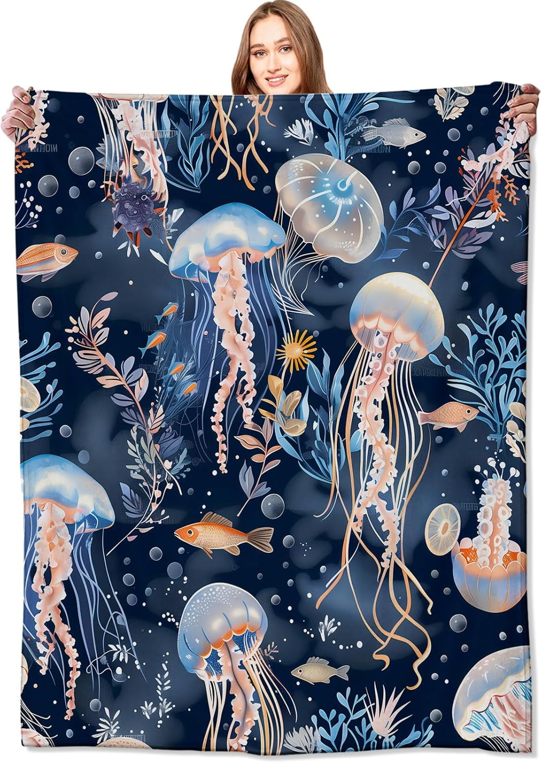 Jellyfish Blanket Ocean Fish and Coral Reef Throw Beach Dark Throw ...