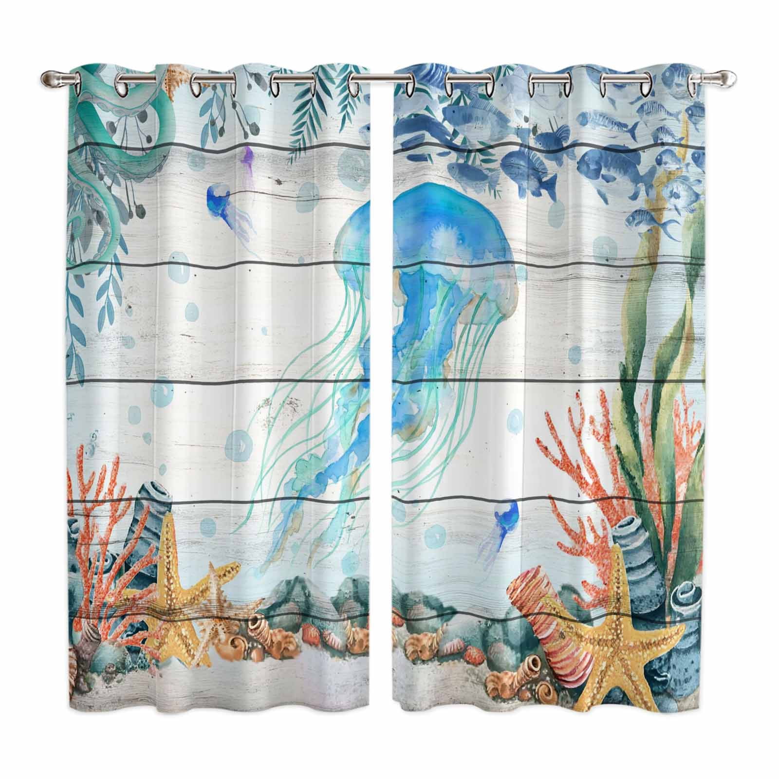 Jellyfish Coastal Kitchen Curtains Window Panels, Summer Nautical ...