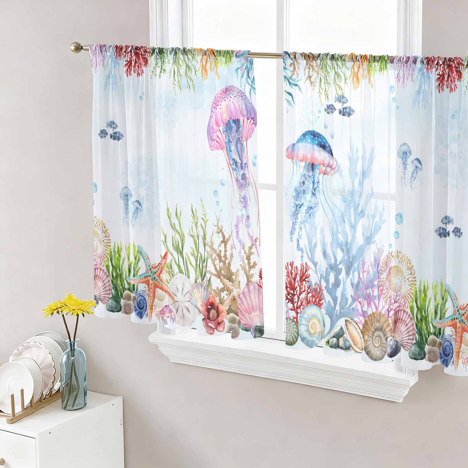 Jellyfish Coastal Semi Sheer Curtains 45 Inch Length 2 Panels Set, Blue ...