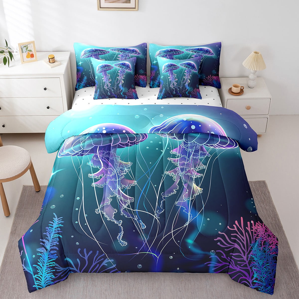 Jellyfish Comforter Set 7 Piece Bed in a Bag Twin,Nautical Sea Animal ...
