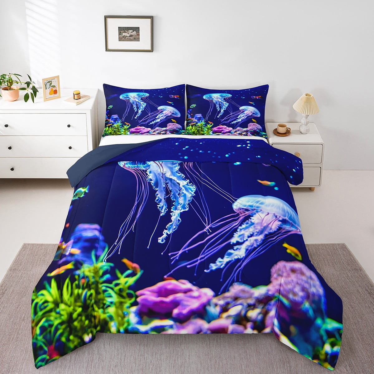 Jellyfish Comforter Set Queen for Boys Girls Kids Ocean Themed Bedding 3 Pcs, Marine Animal ...