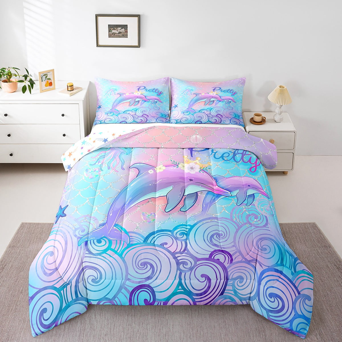 Jellyfish Dolphin Queen Comforter Set,Teal Purple Mermaid Tail Scale ...