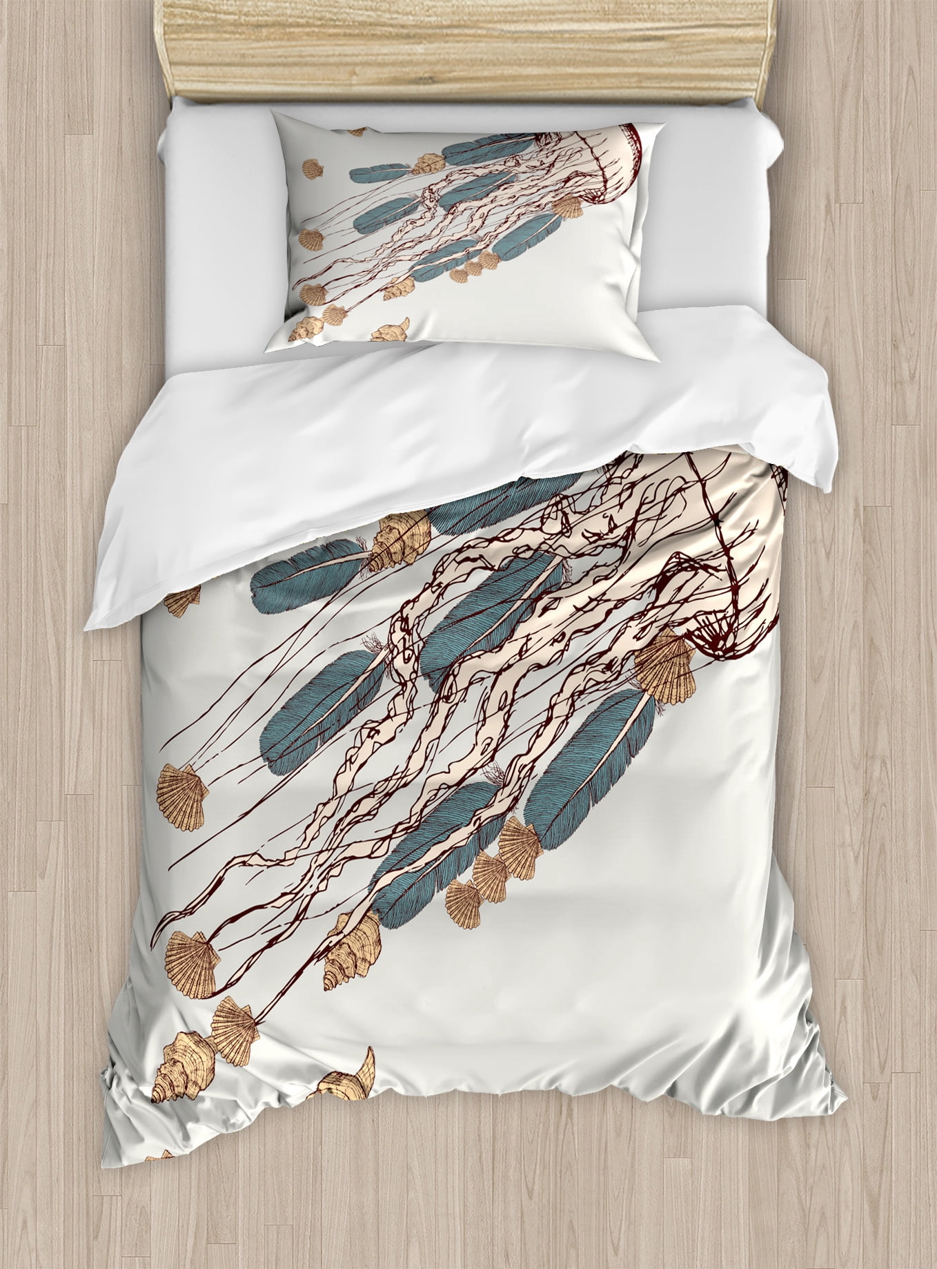 Jellyfish Duvet Cover Set, Boho Feather Tentacles Shells Vintage Art ...