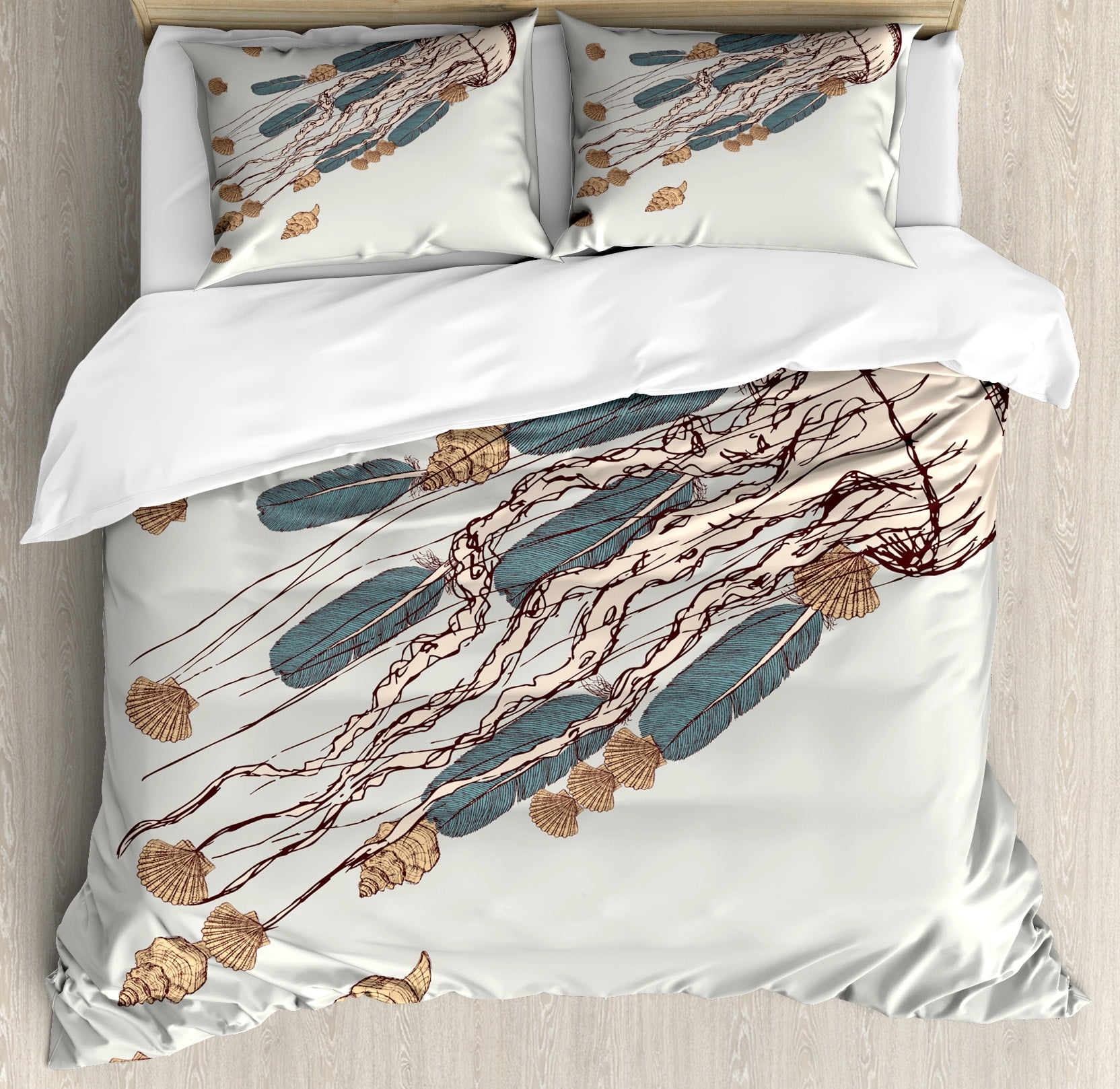 Jellyfish Duvet Cover Set, Boho Feather Tentacles Shells Vintage Art ...