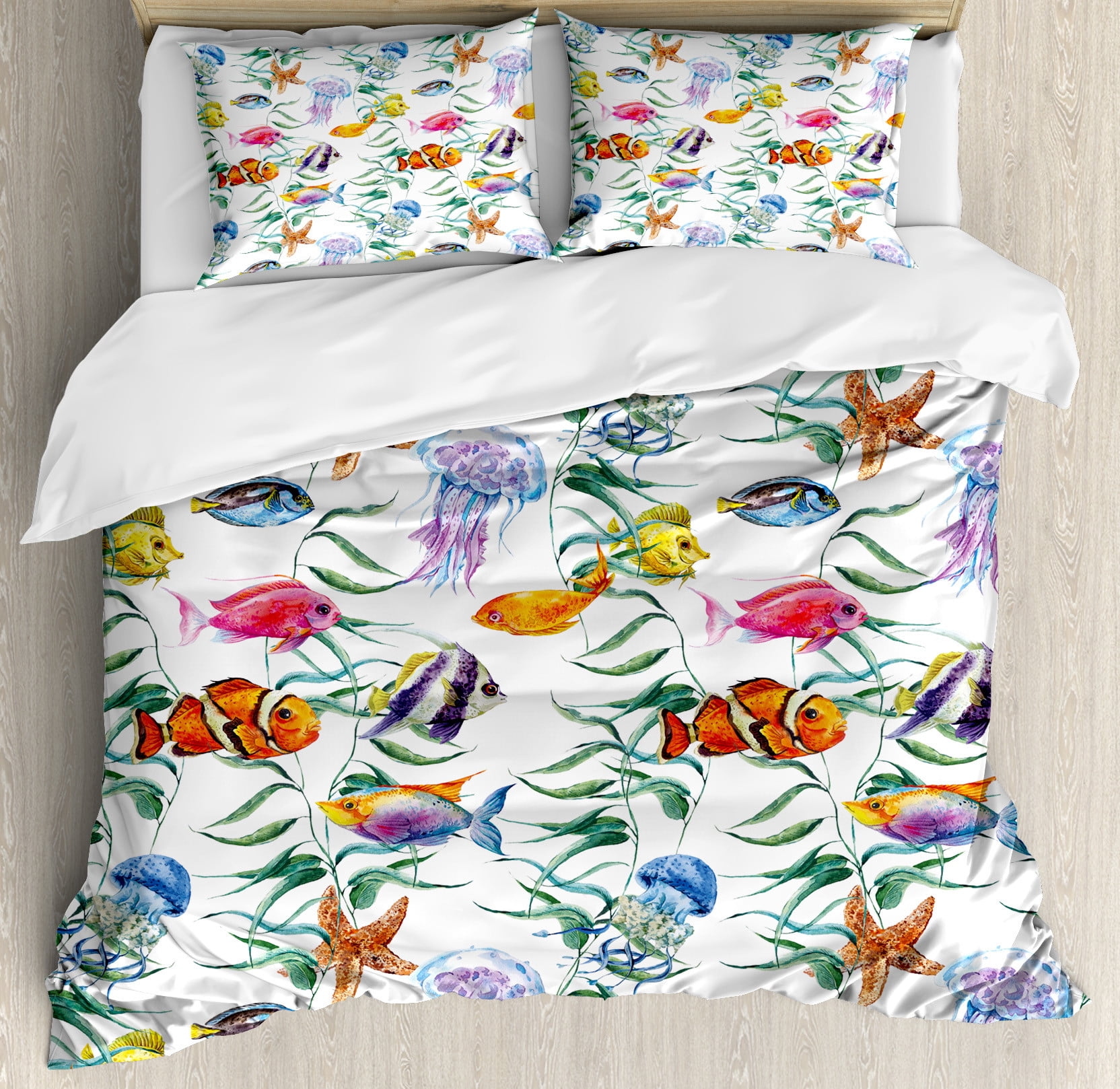 Jellyfish Duvet Cover Set, Tropical Coral Reef with Seaweed Algae ...