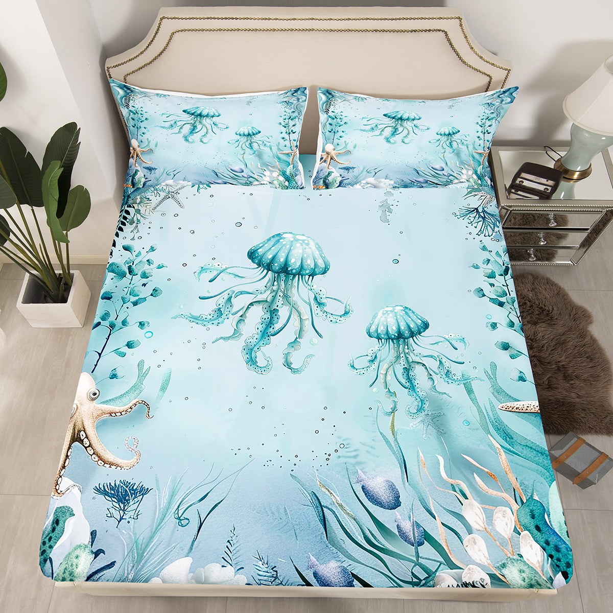 Jellyfish Fitted Sheet Teal Blue Ocean Beach Coastal Queen Bed Sheets ...