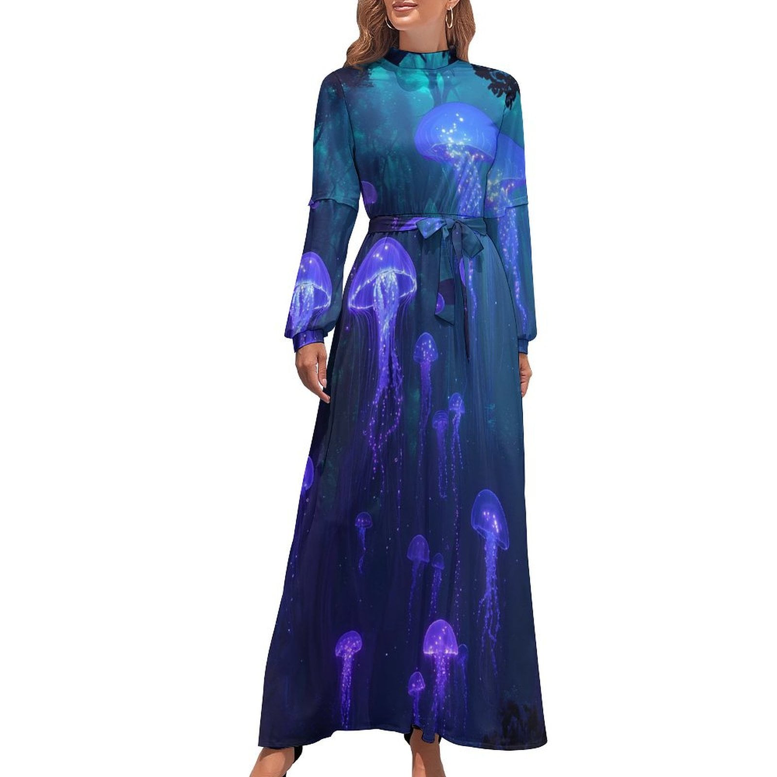 Jellyfish Forest Women's Fall Maxi Dress Long Sleeve Turtleneck Flowy ...