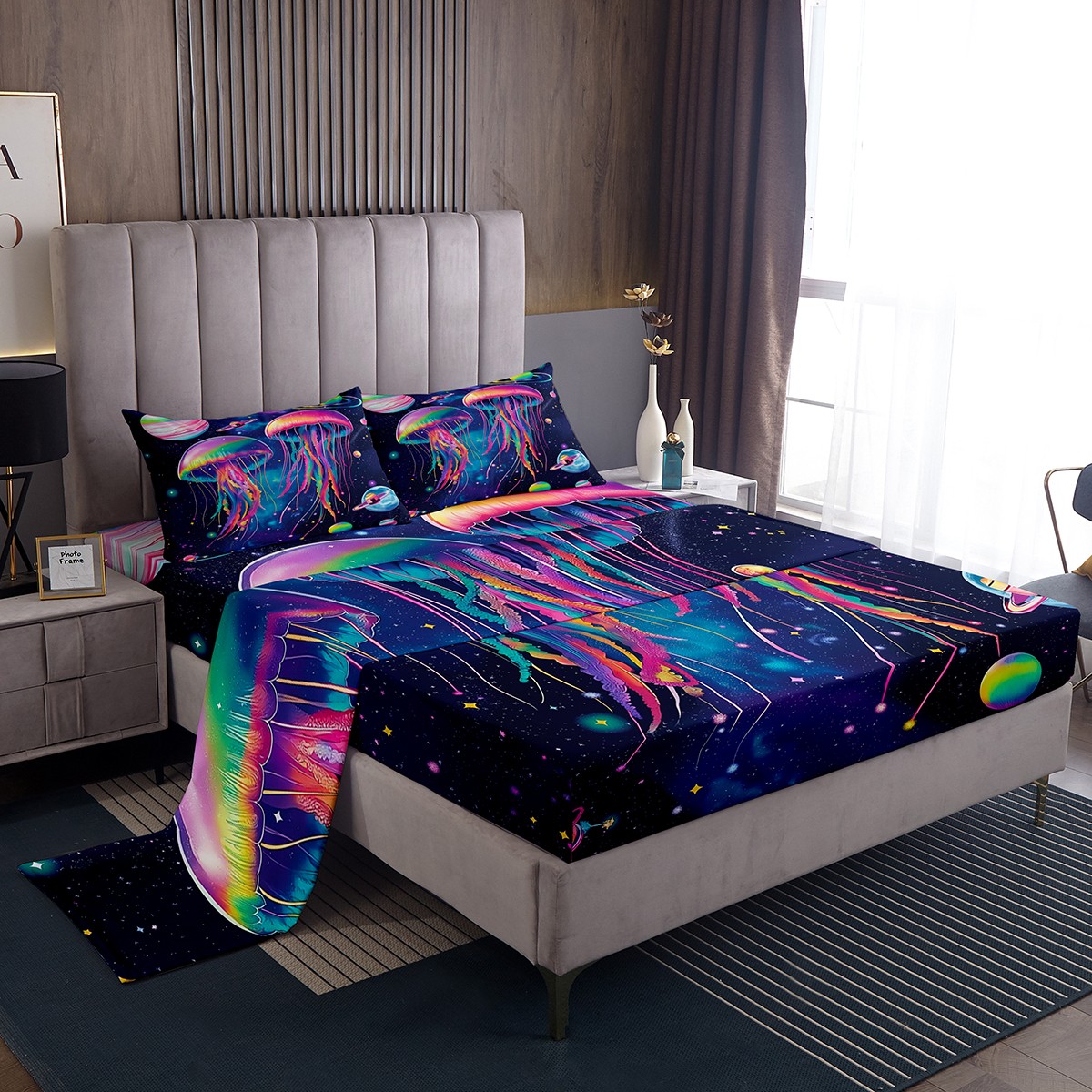 Jellyfish Kids Bed Sheets King Size Blue Galaxy Starry Sky Print Sheets ...