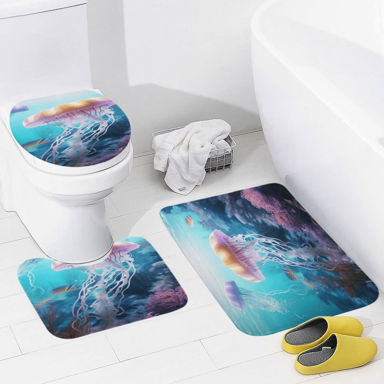 Jellyfish Ocean Style Bathroom Mats Set 3-piece Bath Mats , Floor Rug ...
