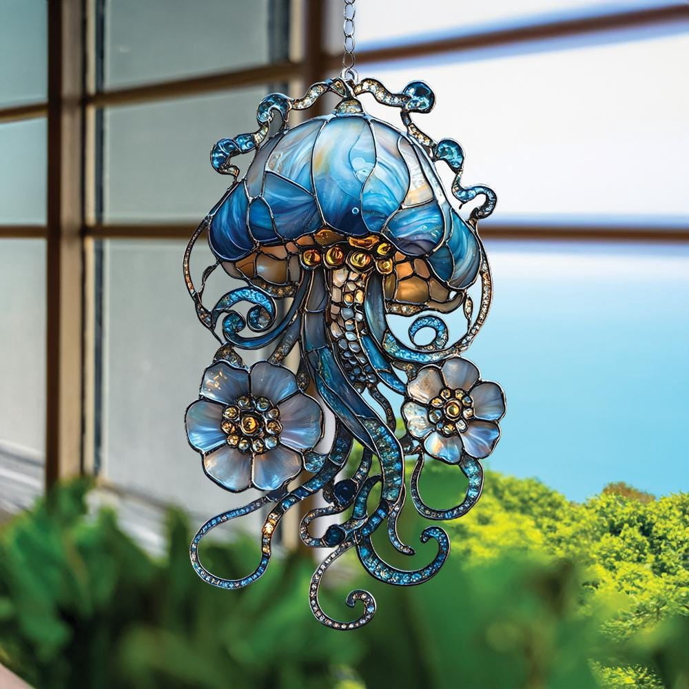Jellyfish Ocean Suncatcher, Acrylic Window Hanging with Blue Jellyfish ...