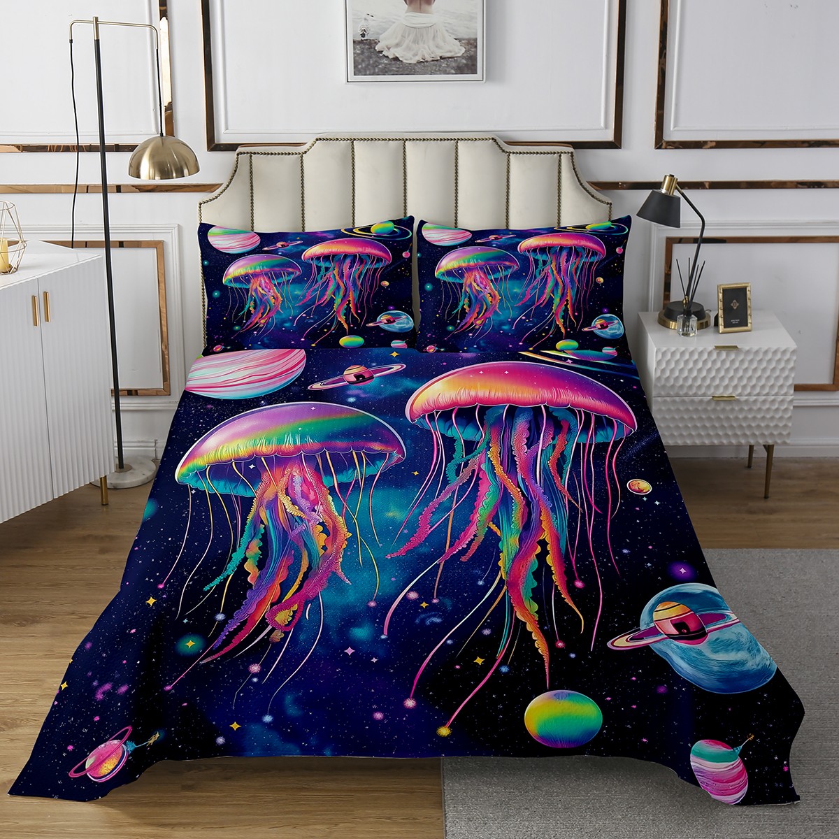 Jellyfish Quilt Set Queen Size Blue Galaxy Starry Sky Print Bedspread ...