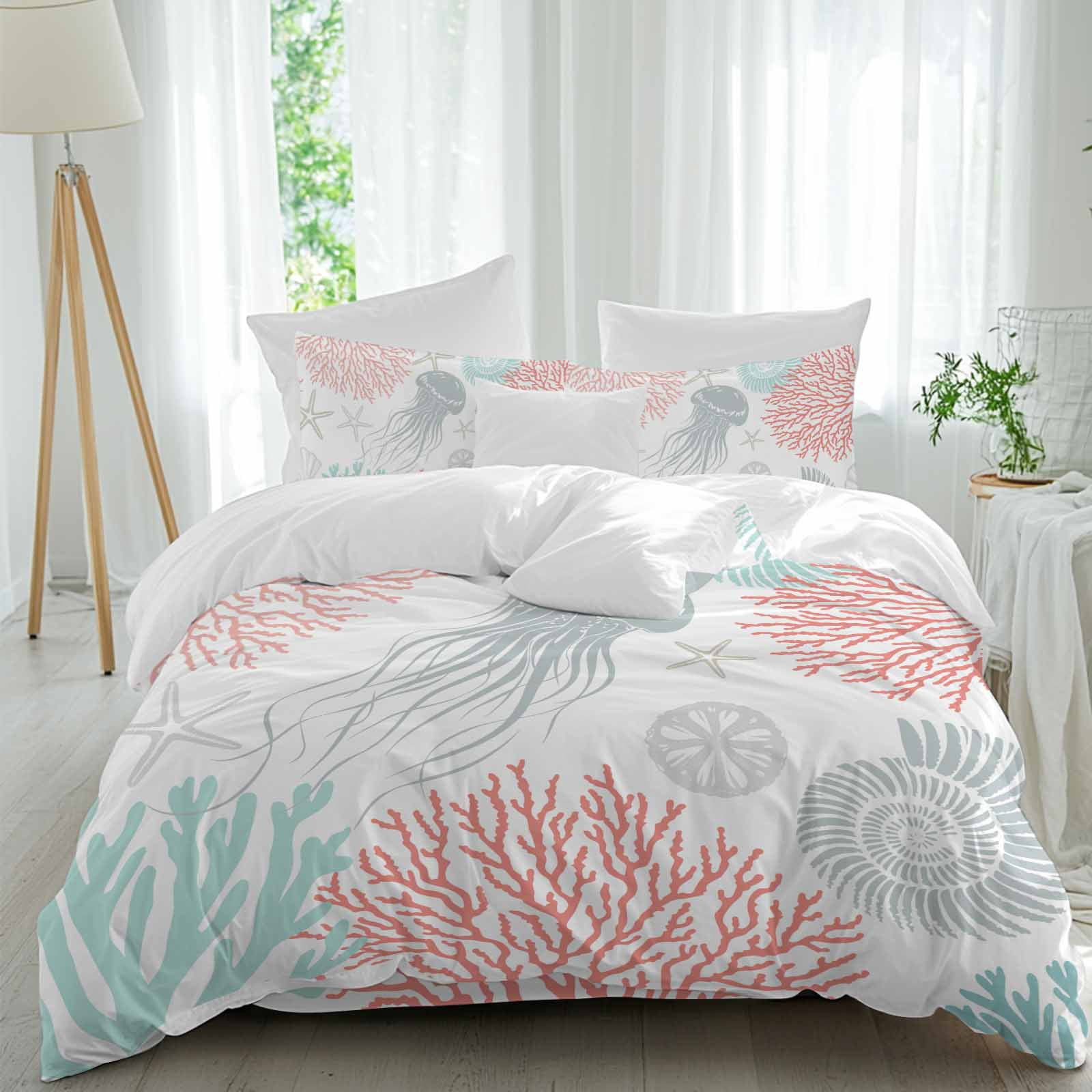 Jellyfish Starfish Duvet Cover Set Queen Size Orange Coral Coastal ...