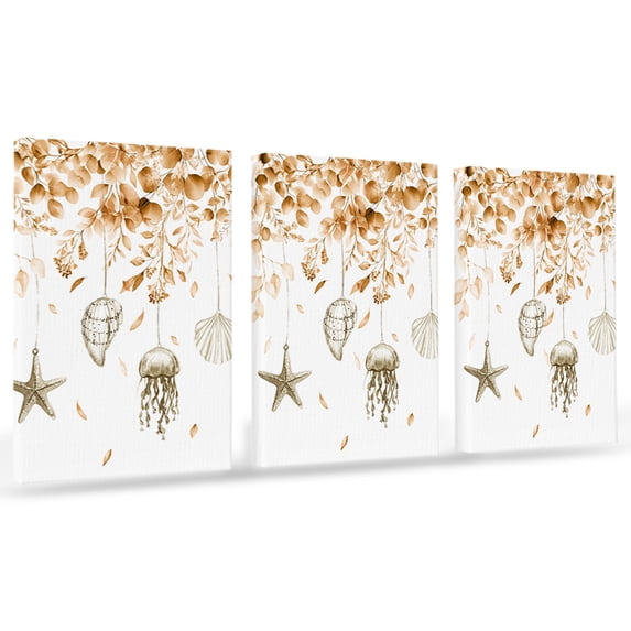 Jellyfish Starfish Shells Canvas Wall Art 3 Panels, Orange Leaf Summer ...