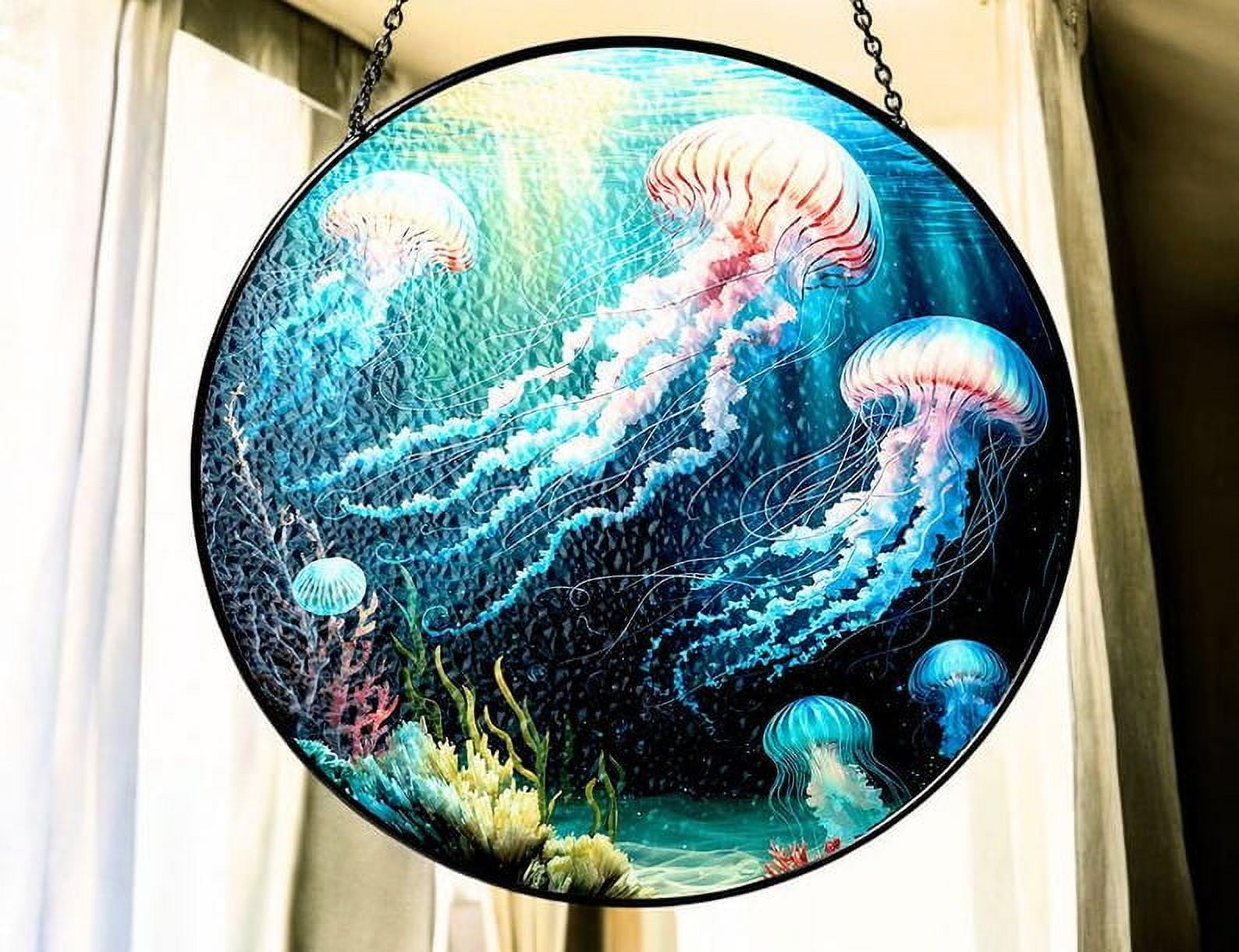 Jellyfish Suncatcher, Vibrant Underwater Marine Life Faux Stained Glass ...