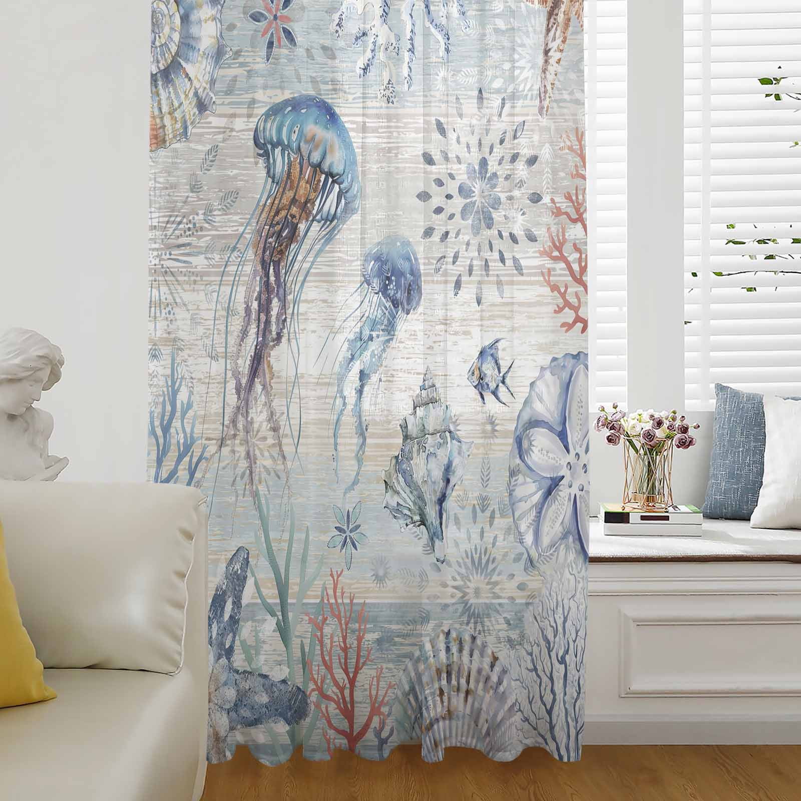 Jellyfish Window Curtain 96 Inches Long,Ocean Coral Retro Blue Shell ...