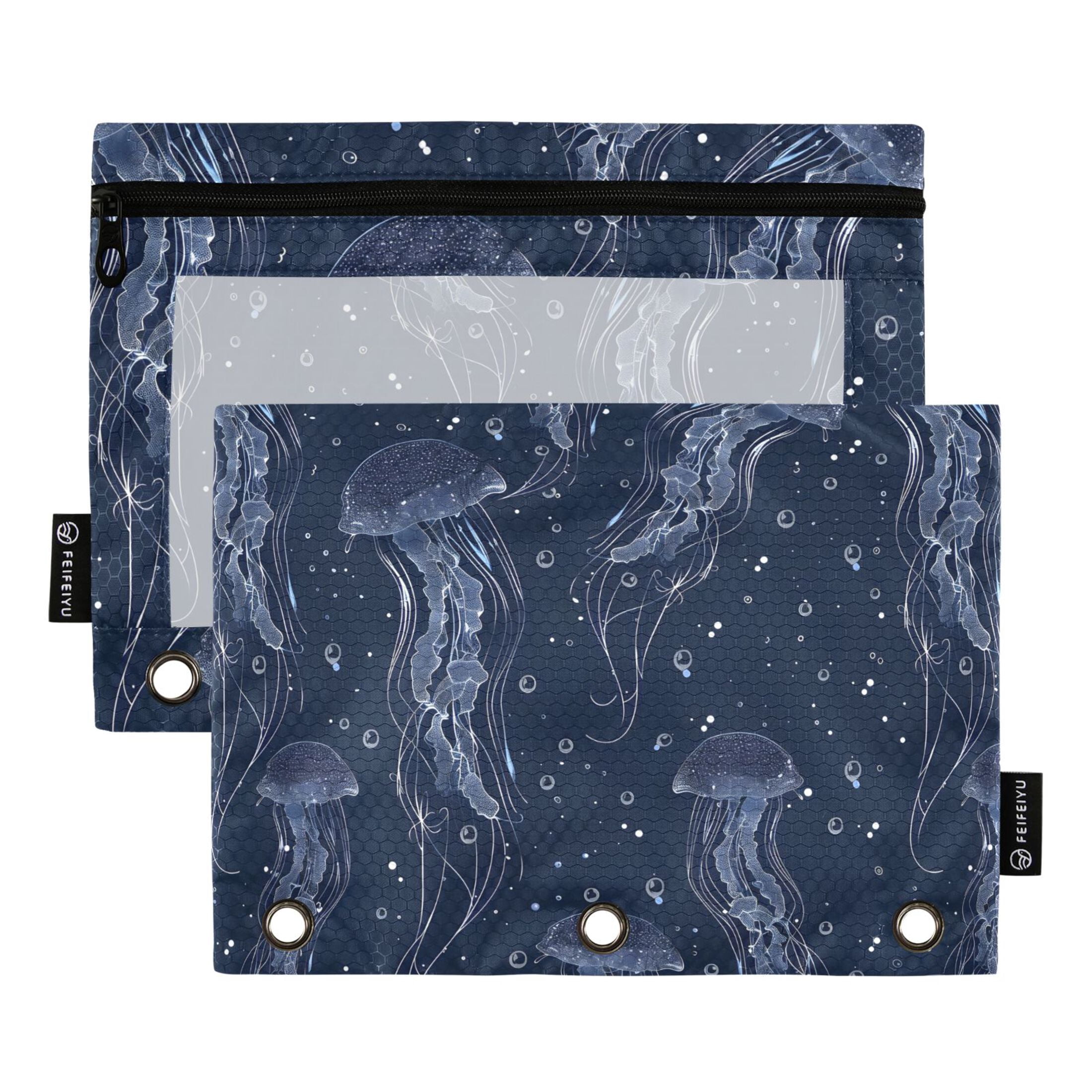 Jellyfish in Sea 2 Pack Pencil Pouch for 3 Ring Binder Smooth Zipper ...