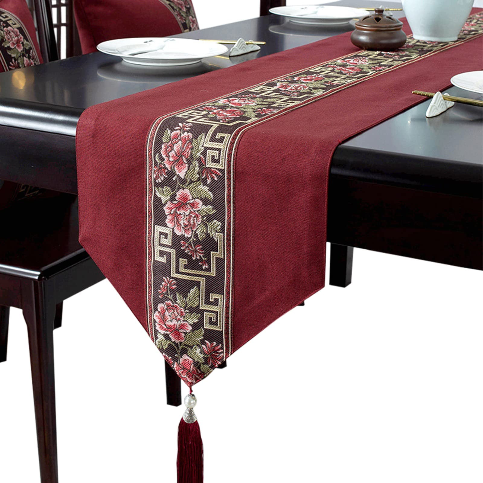 Jeloris Embroidered Tassel Table Runner Floral Pattern Cotton Linen ...