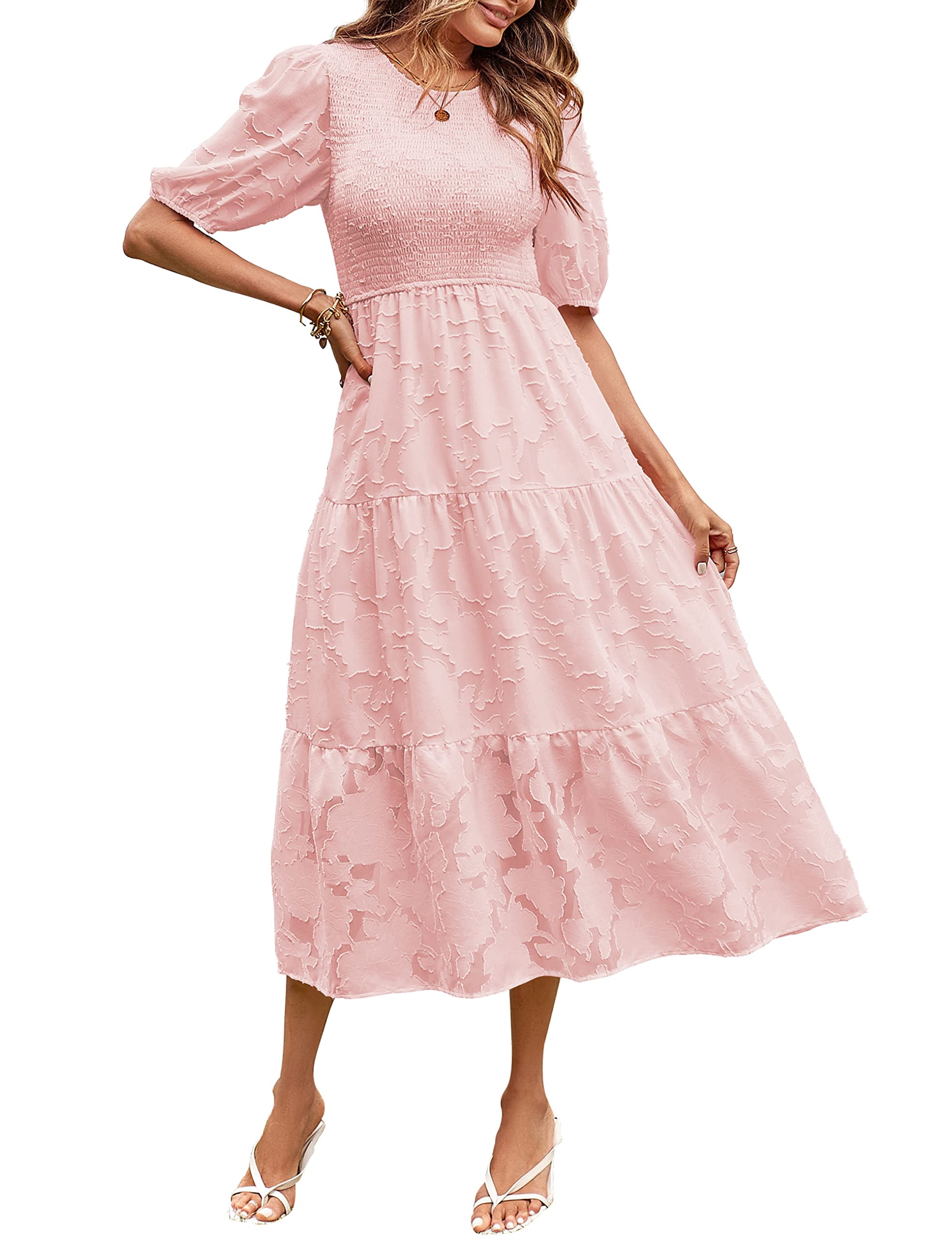 JemilyShe Womens 2024 Summer Puff Sleeve Smocked Floral Dress Crewneck ...