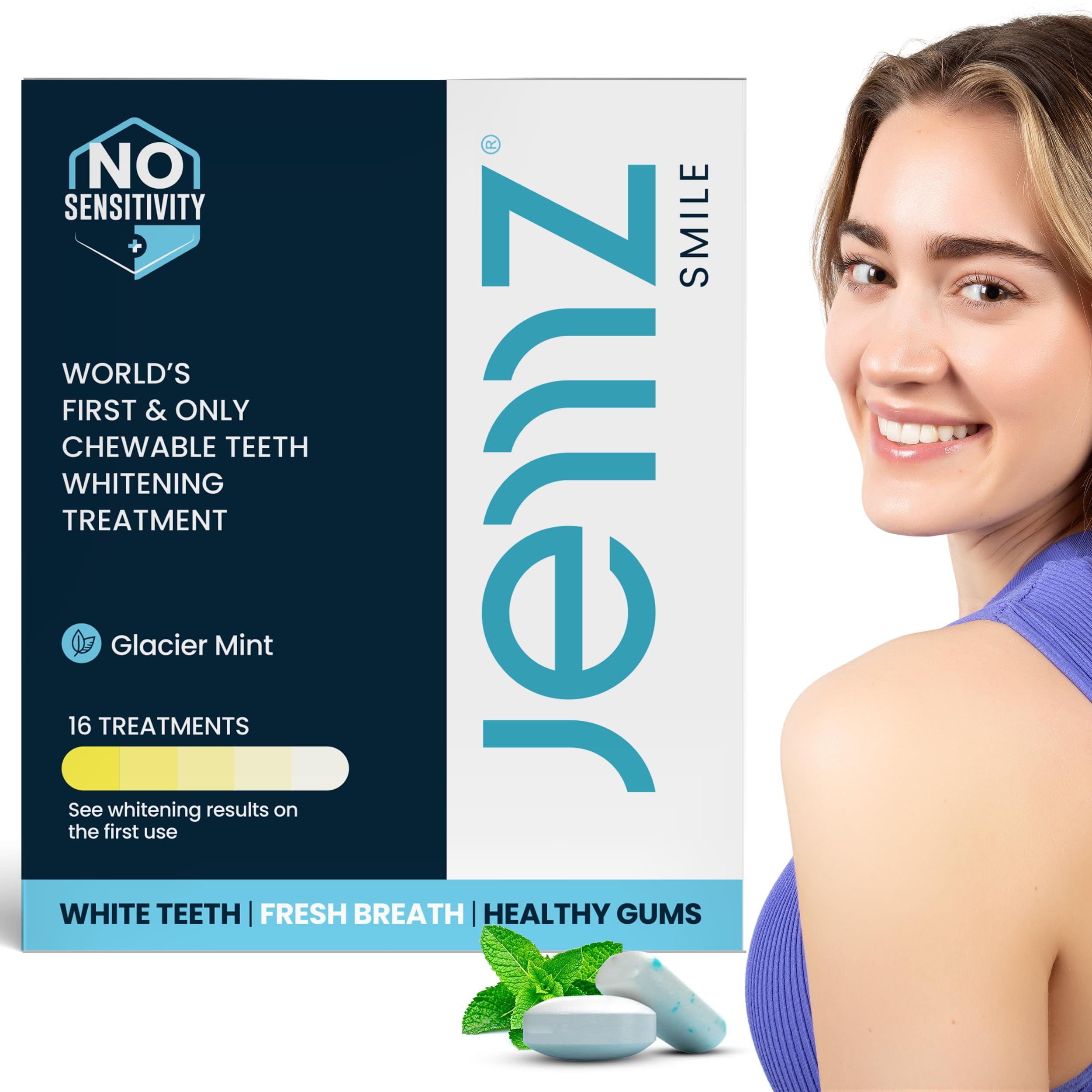 Jemz Smile Chewable Teeth Whitening Kit - 16 Treatments, Teeth Whitening Gum for Sensitive Teeth ...