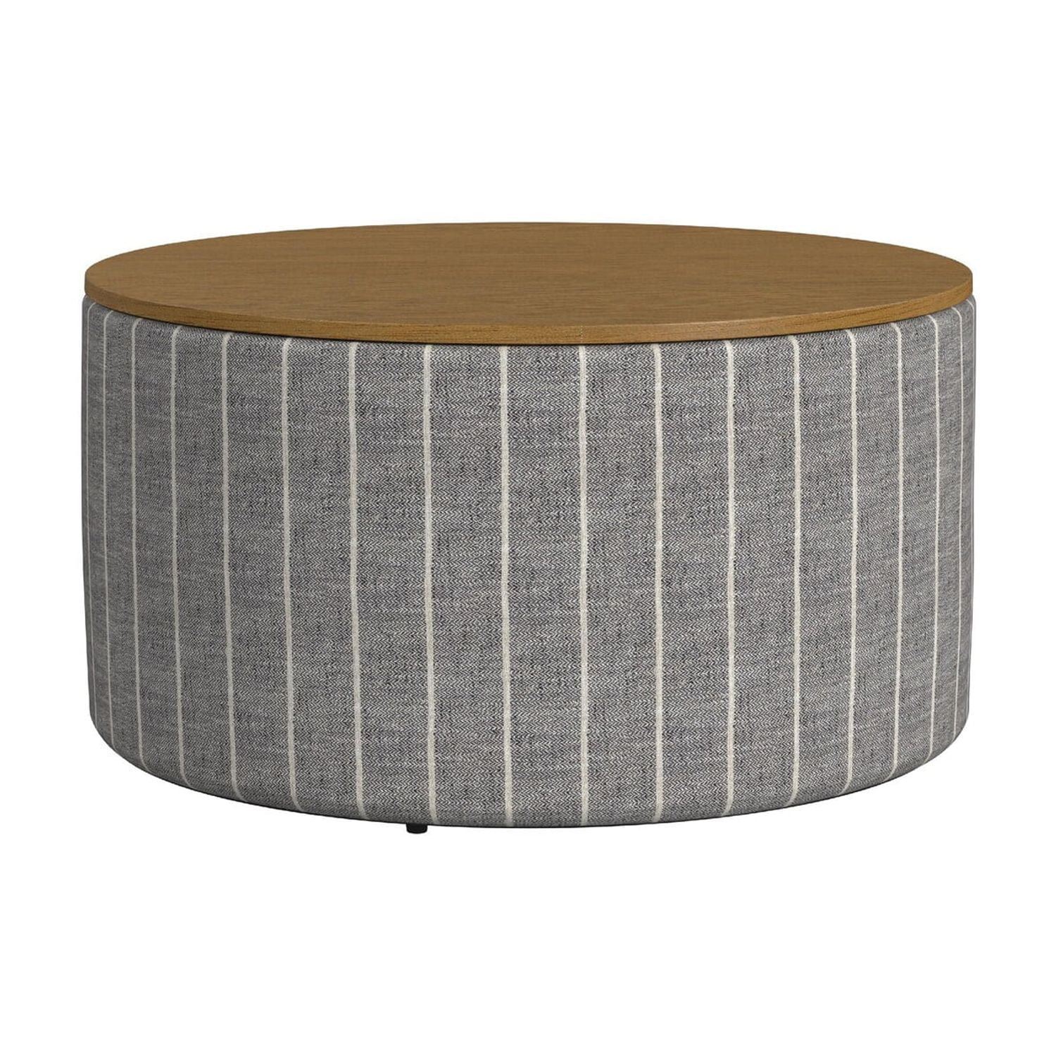Jena Storage Ottoman, 30 Inch Round Lift Tray Top, Gray Pinstripe ...