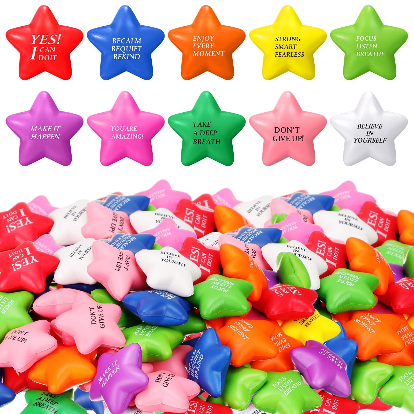Jenaai 150 Pcs Stress Star Ball Bulk Motivational 2.2 Inch Star Shape ...