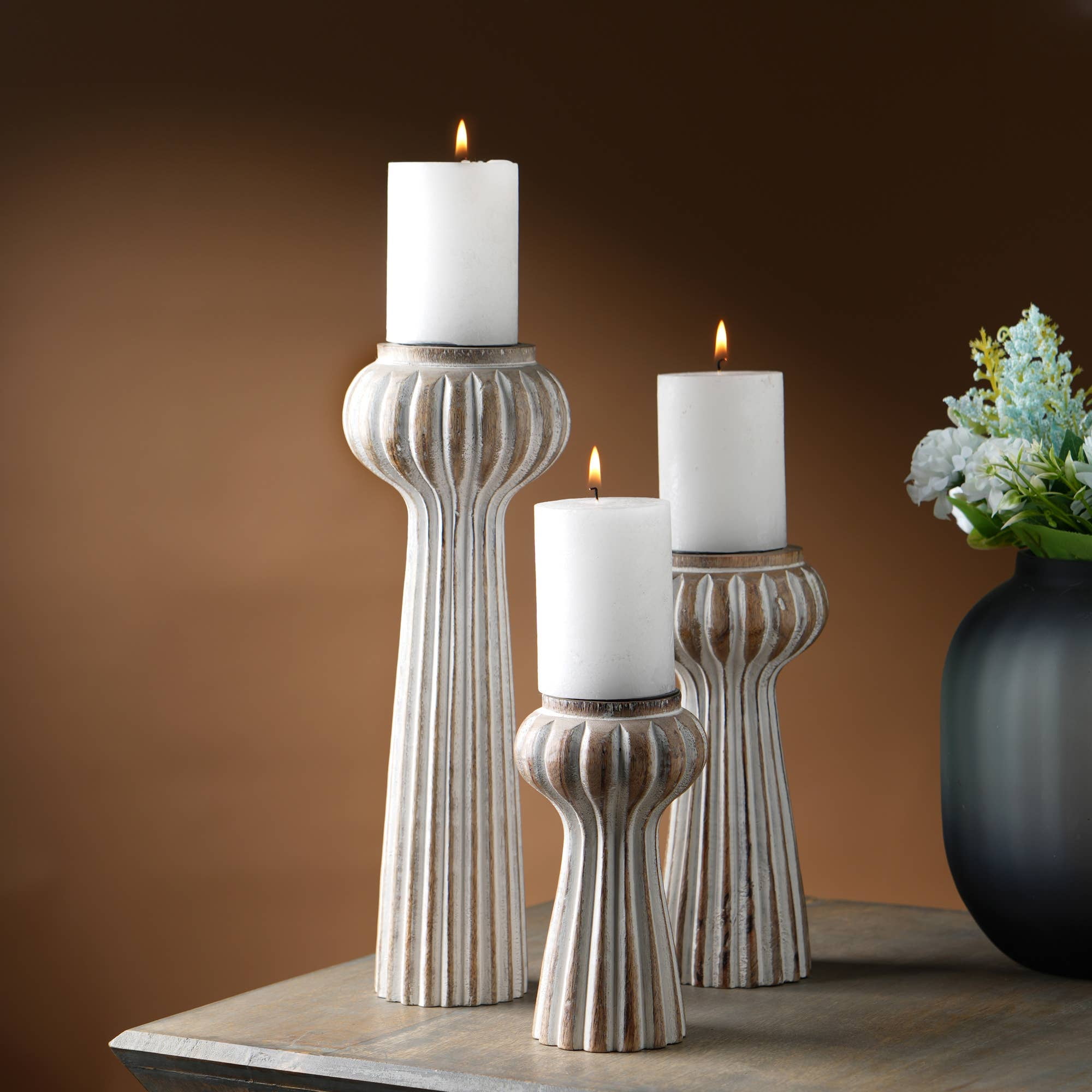 Jenna Large Wooden Candle Holder - Decorative Wood Table Pedestal Stand ...