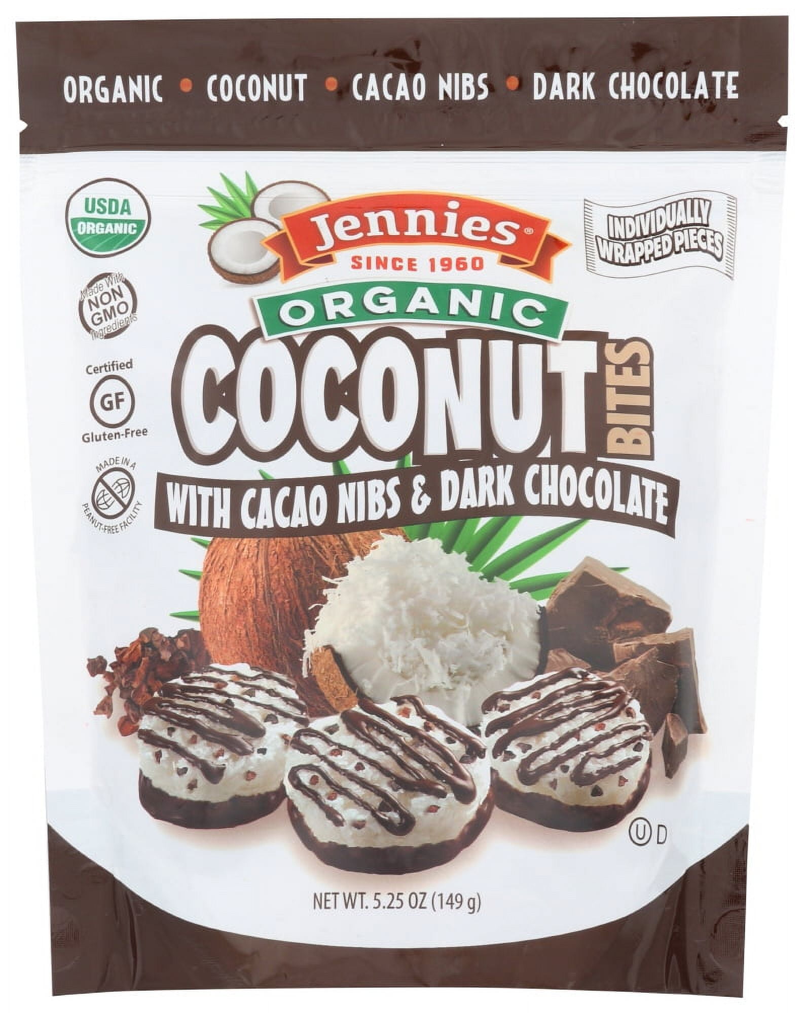 Jennies Organic Coconut Bites with Cacao Chocolate, Non-GMO Ingredients ...