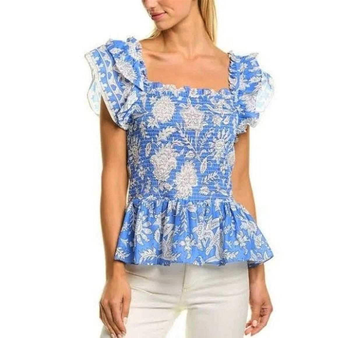 Jennifer & Grace Women's Blue Floral Print Peplum Ruffle Sleeves Smock ...