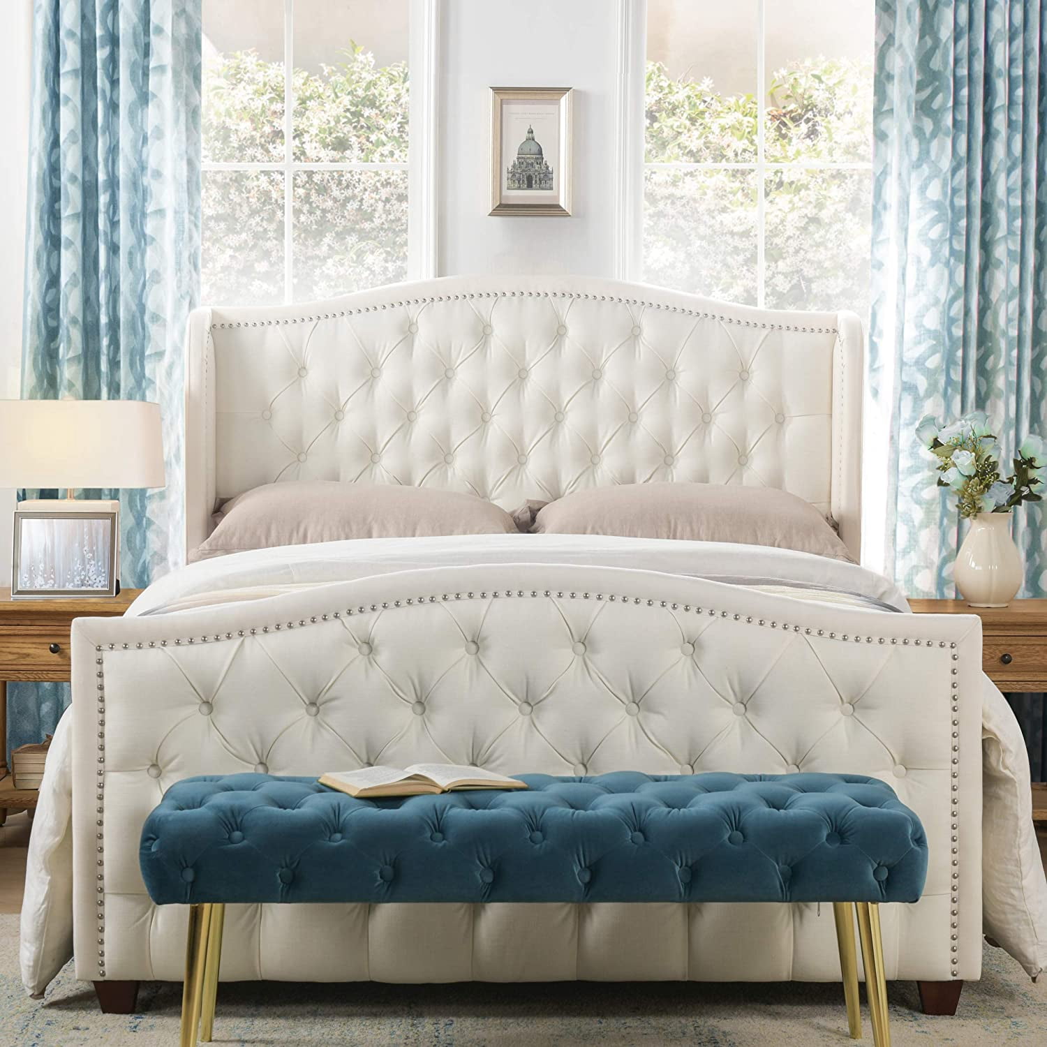 Jennifer Taylor Home Marcella Tufted Wingback Queen Bed Antique White ...