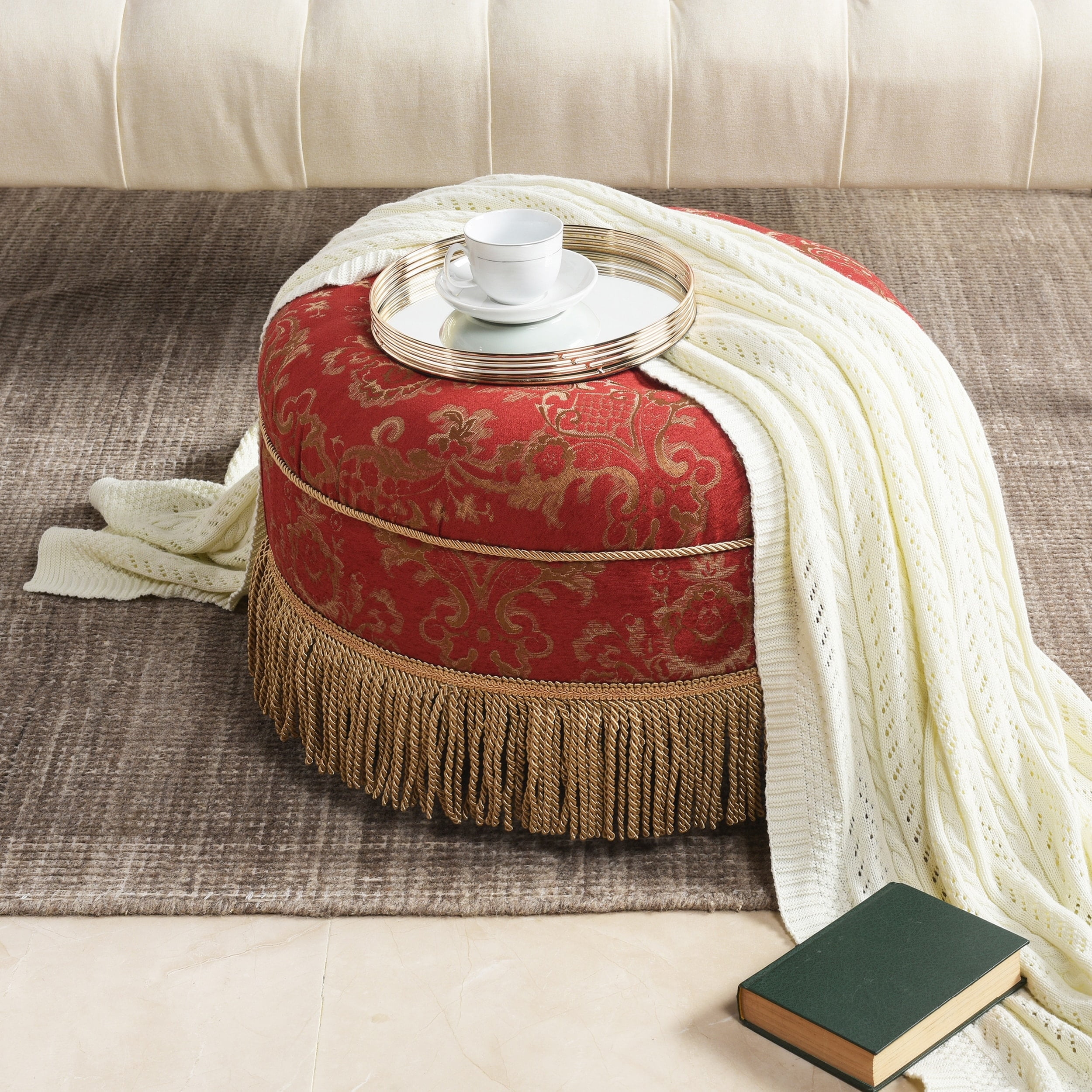 Yolanda Tufted Decorative Round Ottoman Red Gold - Walmart.com