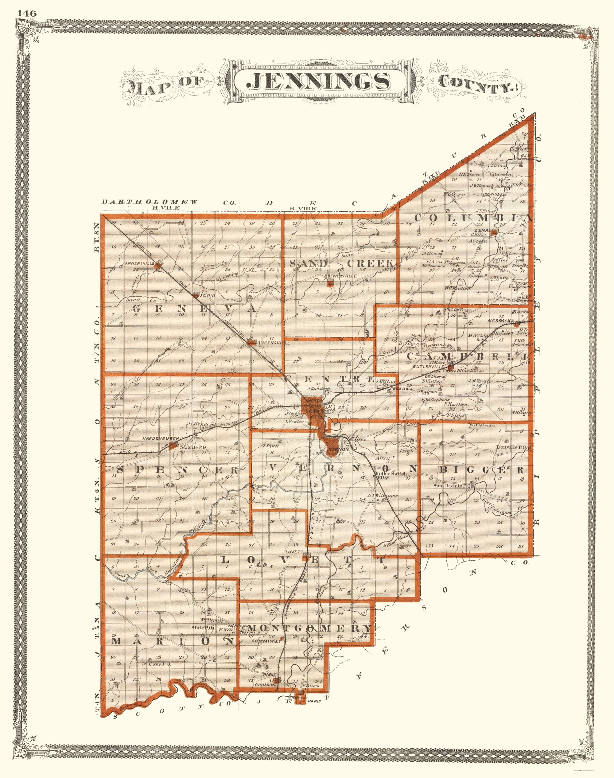 Historic County Map - Jennings County Indiana - Baskin 1876 - 23 x 29. ...