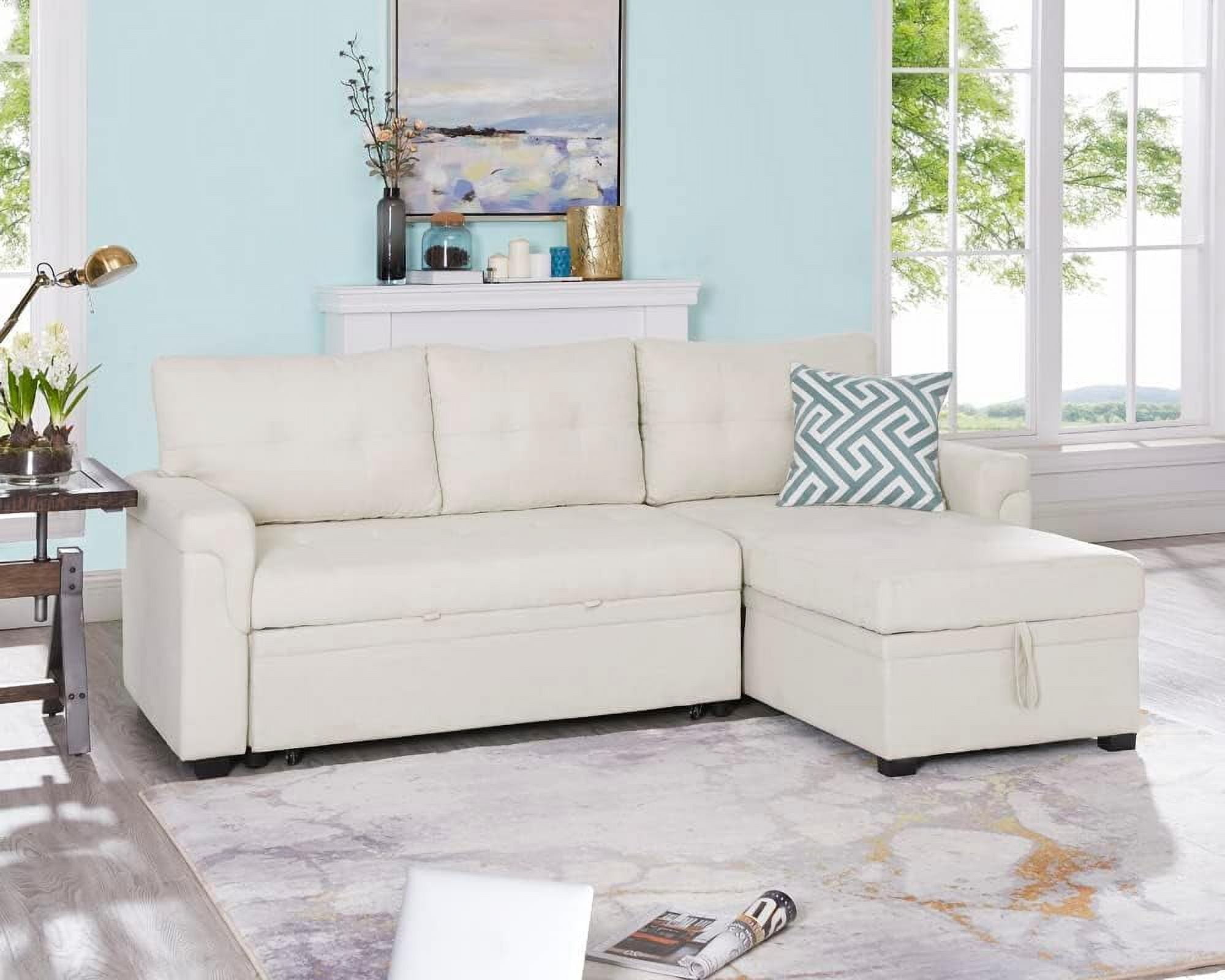 Jenny Sectional Sofa Sleeper with Storage Chaise Tufted Pull Out Couch ...