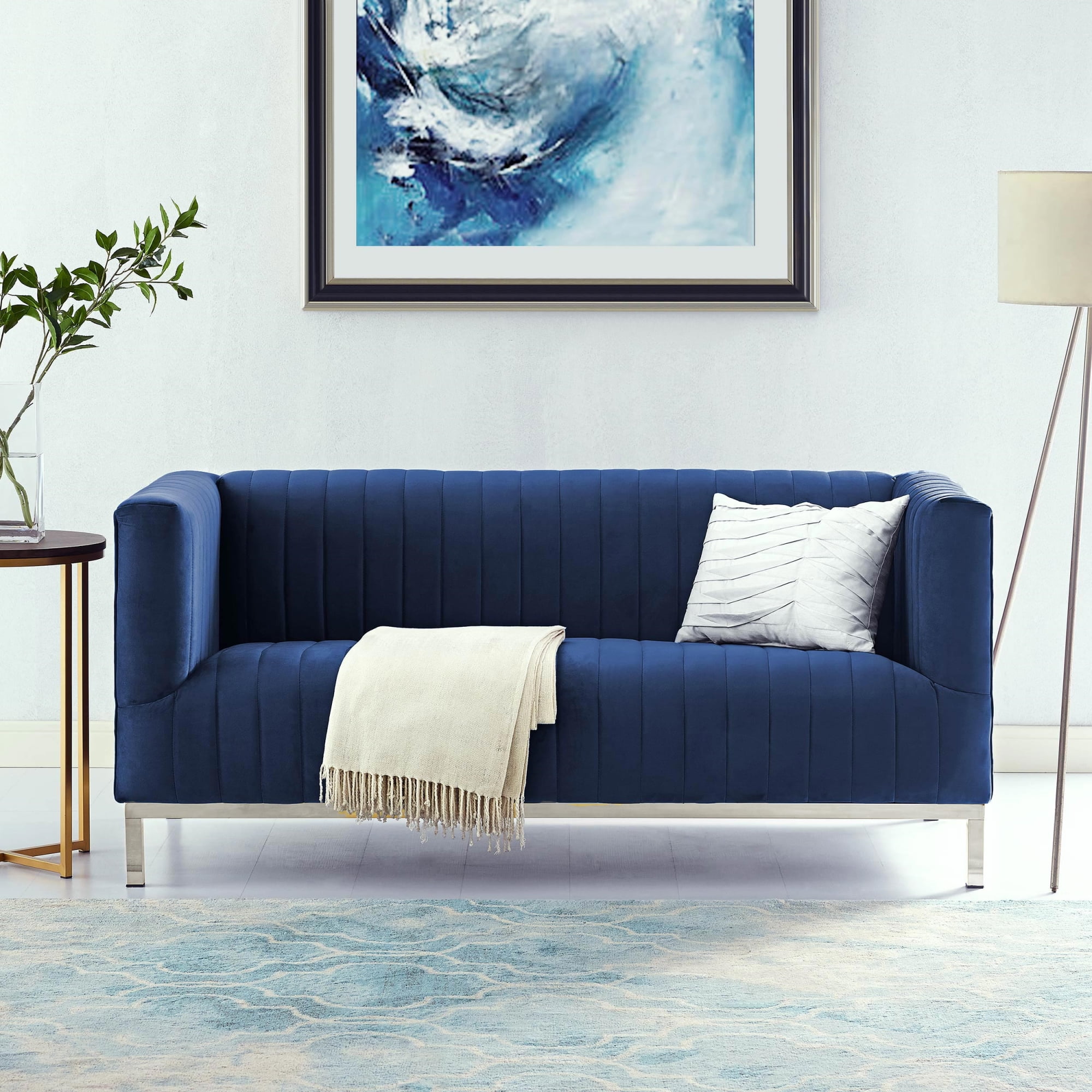 Jens Navy/Chrome Velvet Loveseat Sofa - Tuxedo, Line Stitch Tufted ...