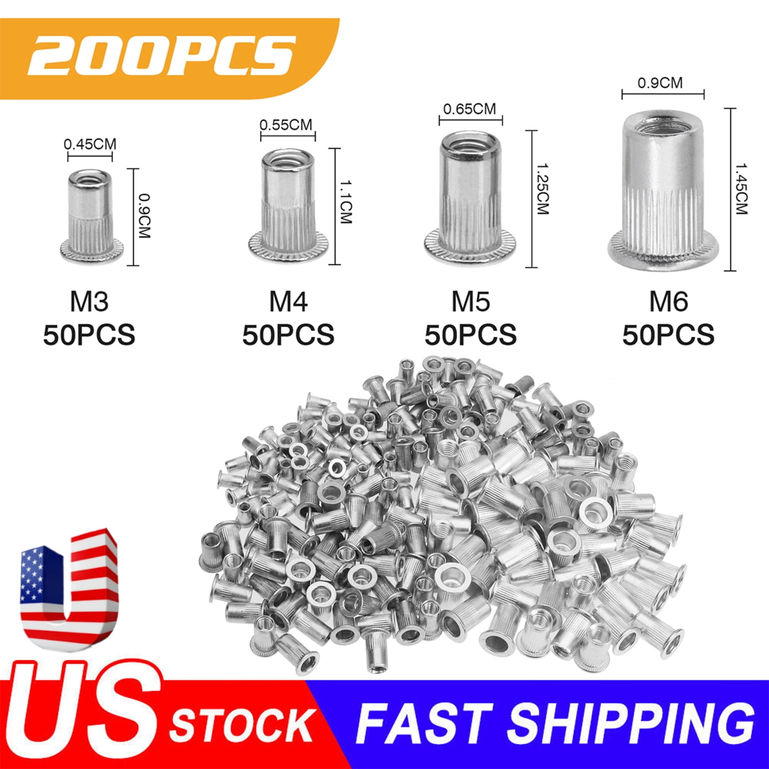 Jerbor 200Pcs Aluminum Rivet Nut Kit Flat Head Threaded Rivetnut Insert ...