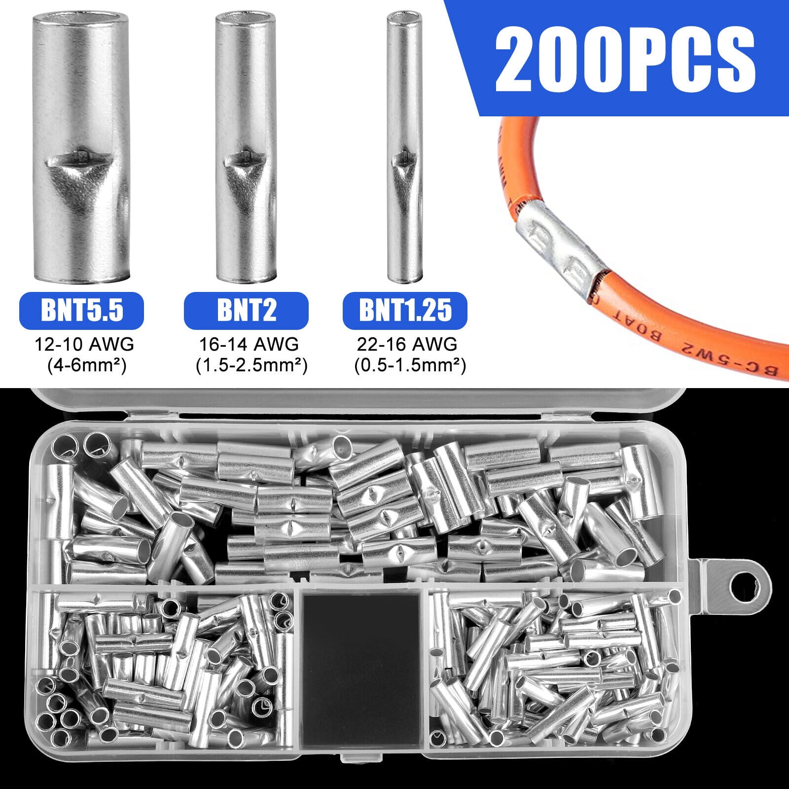 Jerbor 200pcs Non Insulated Butt Connectors Kit Electrical Wire Crimp ...