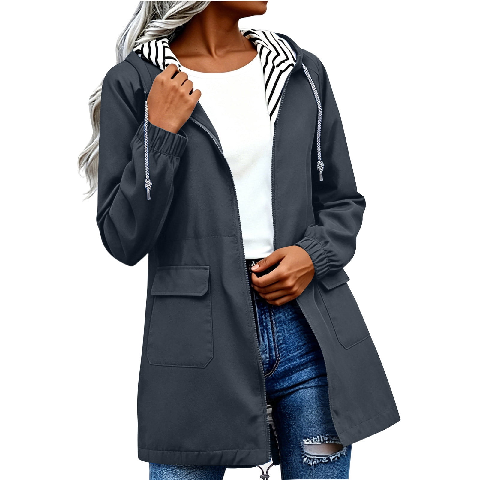 Jerdar Solid Color Rain Jacket Raincoat for Women Waterproof Long ...