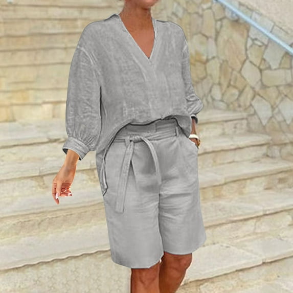 Jerdar Women Casual 2 Piece Short Sets Summer Leisure Suit Solid Long Sleeve Trousers Casual Two ...