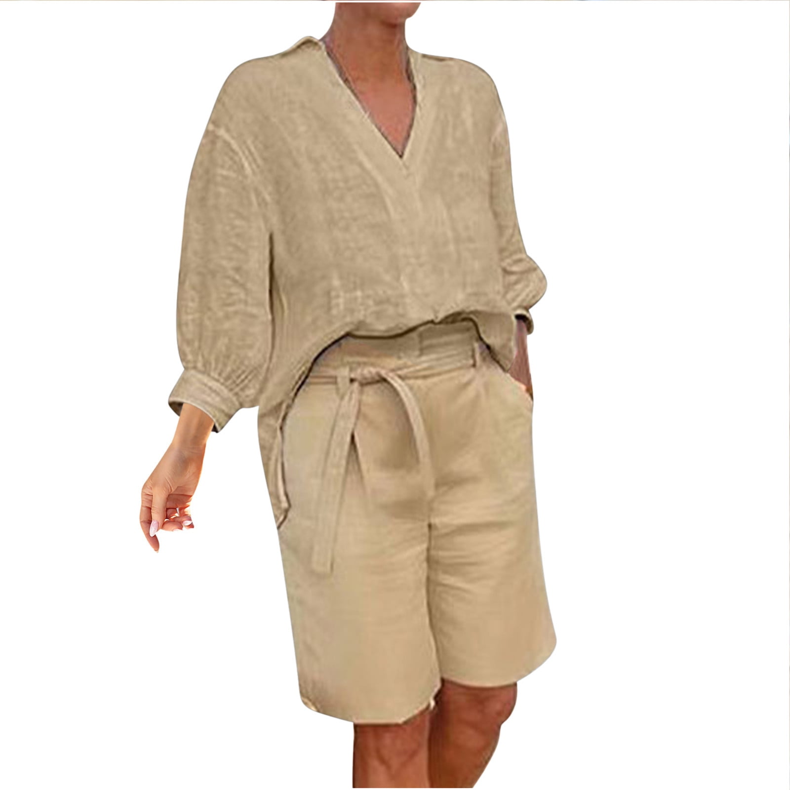 Jerdar Women Casual 2 Piece Short Sets Summer Leisure Suit Solid Long Sleeve Trousers Casual Two ...