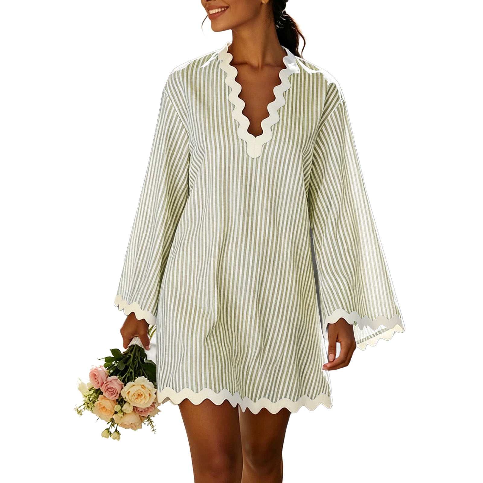 Jerdar Women's Boho Lace Striped V-Neck Dress Flowy Bell Sleeves Cover ...