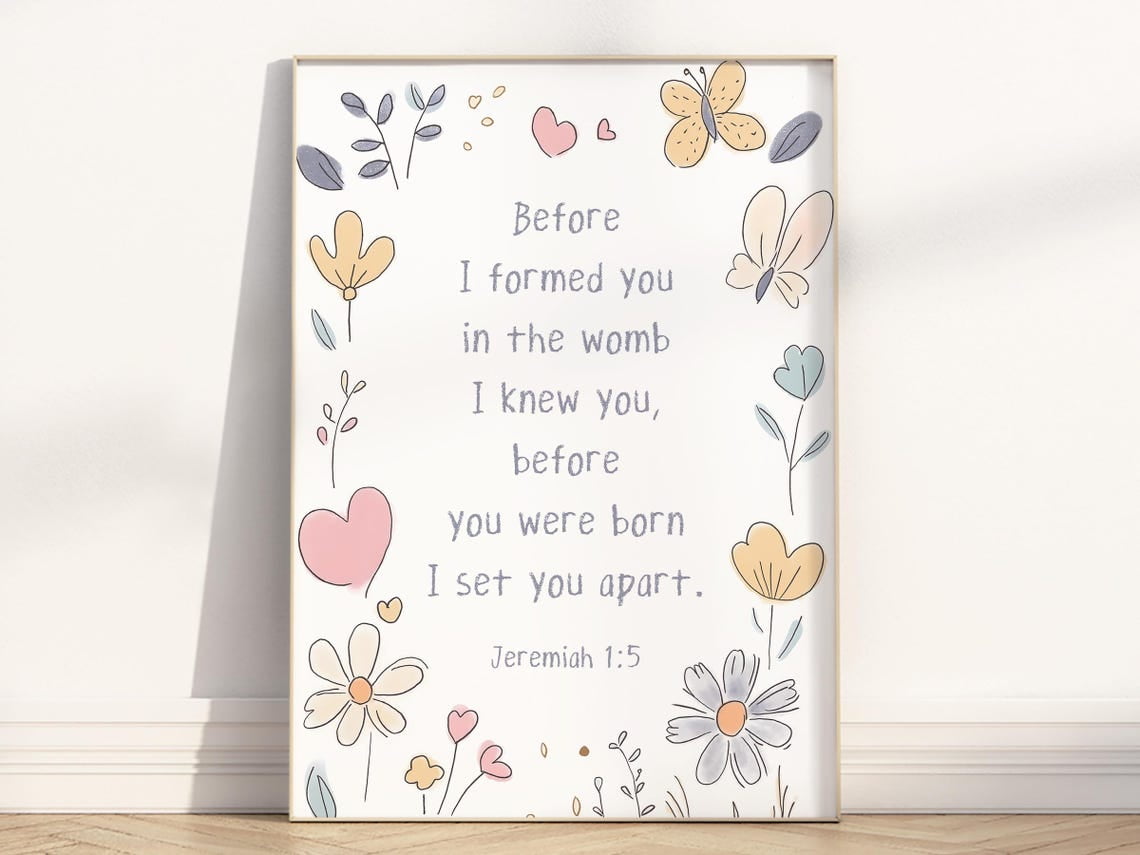 Jeremiah 1:5 Bible Verse Wall Art, Modern Christian Hand Drawn Floral Butterfly Heart Girl ...