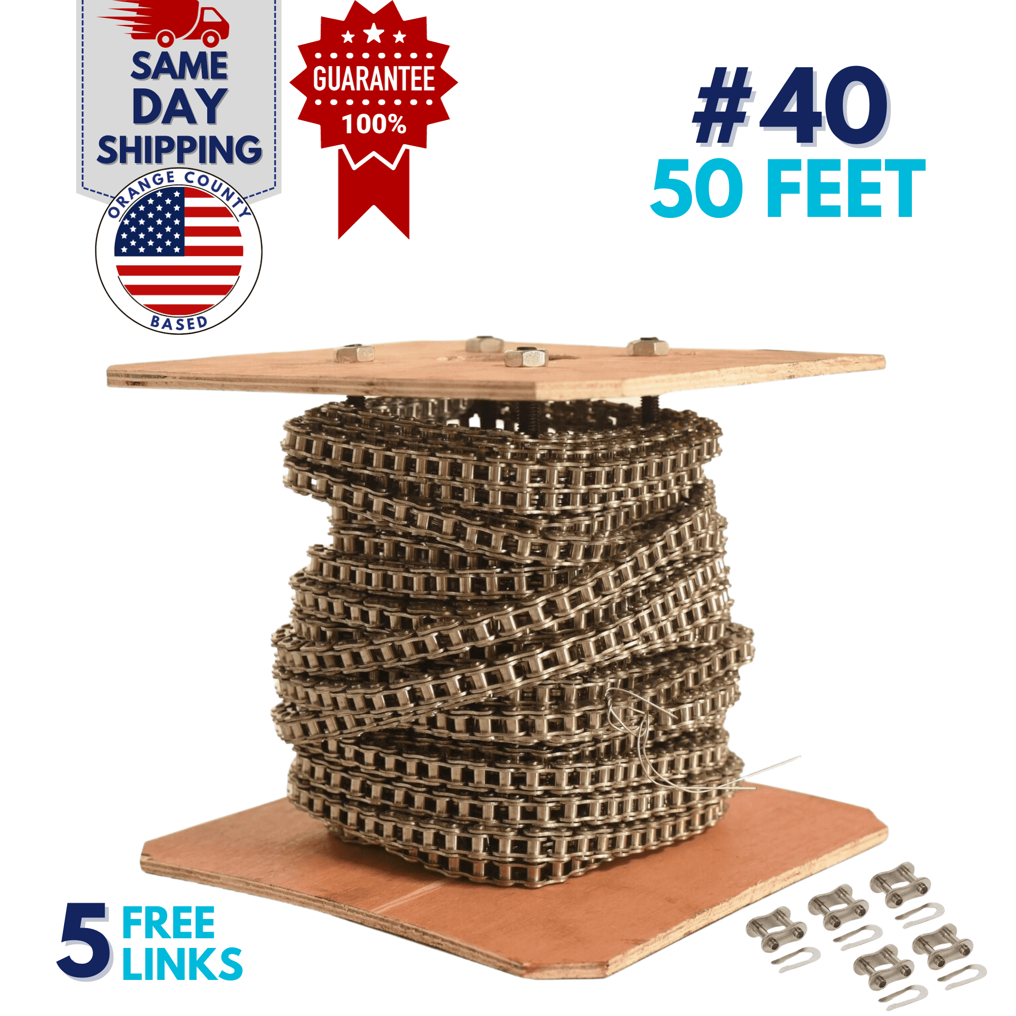 Jeremywell 40NP Nickel Plated Roller Chain 50ft (1200 Links) with 10 ...