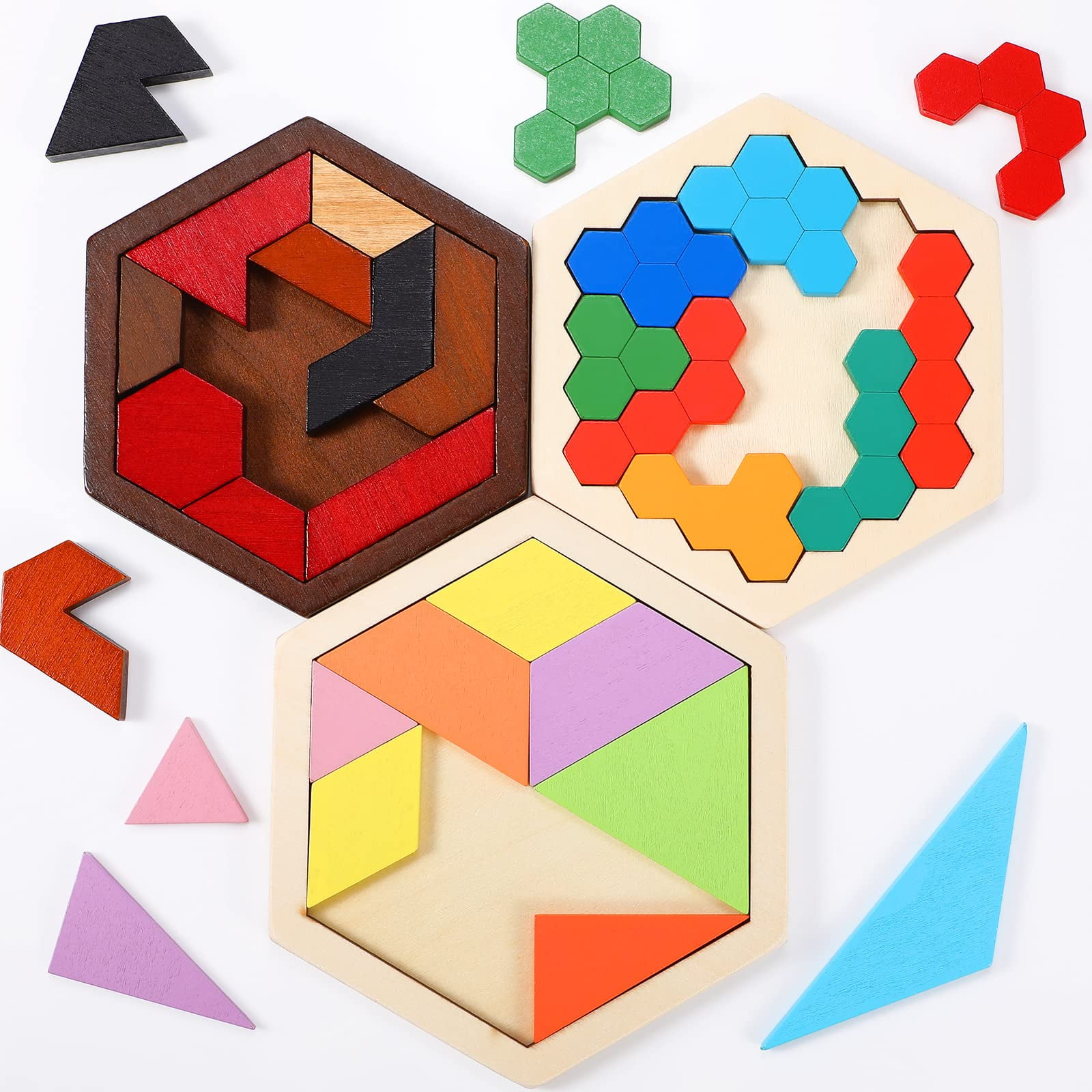 Jerify 3 Pack Wooden MSF2 Hexagon Tangram Puzzle Challenge Wooden Brain ...
