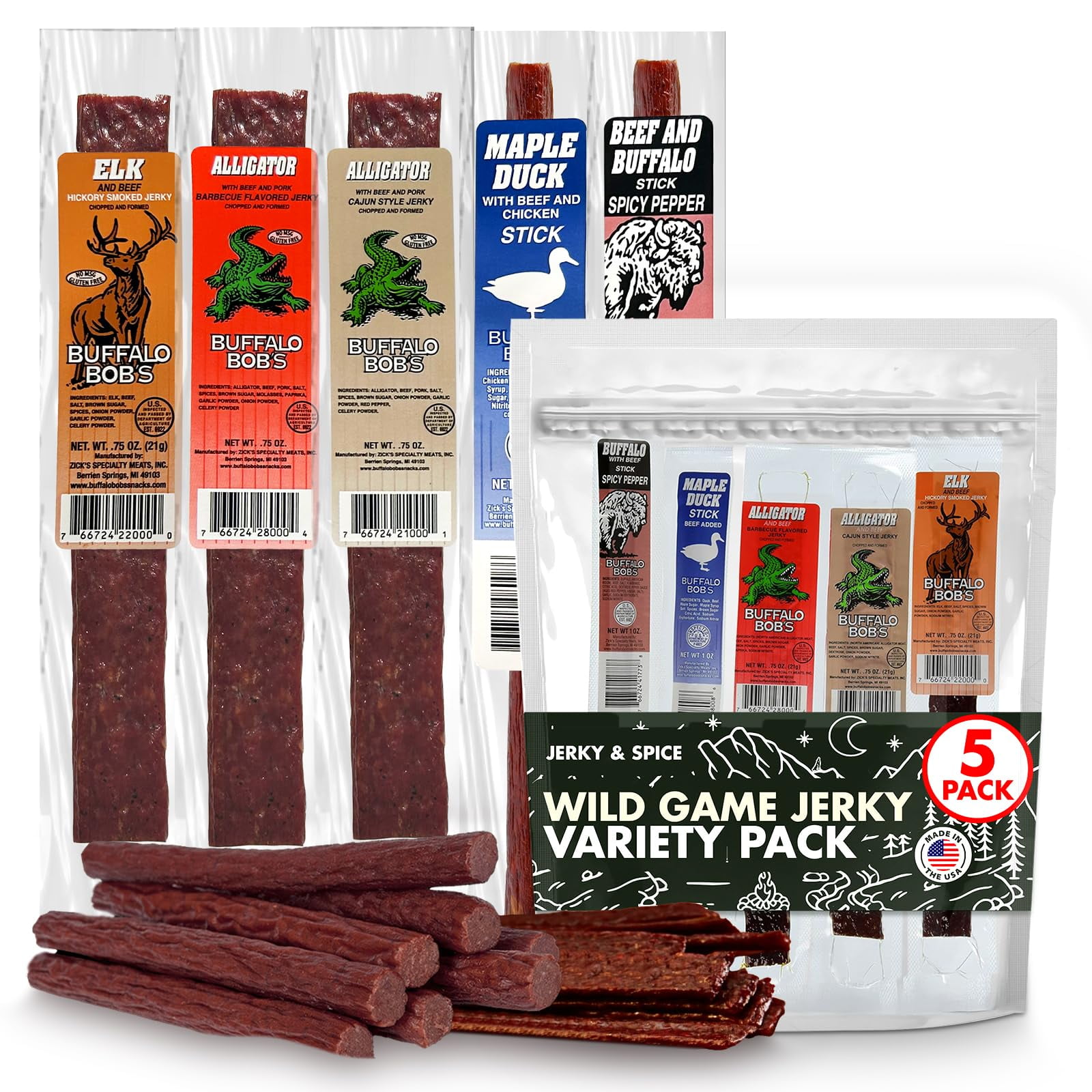 Jerky-N-Spice Wild Game Meat Snacks (5 Pack) Exotic Variety Assortment ...