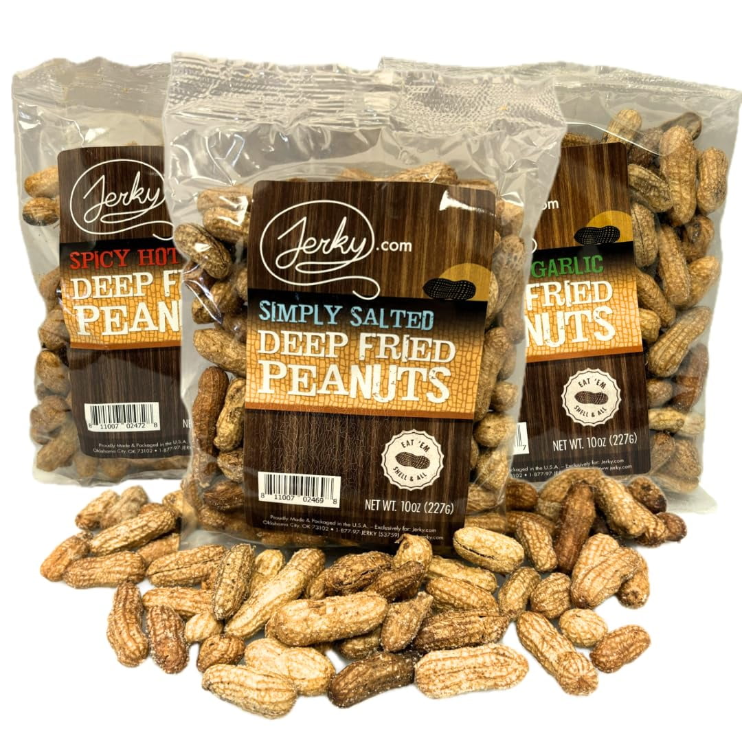 Jerky.com Deep Fried Peanuts IRF13 in Shell Sampler 3 Pack - Gourmet Flavors Include Salted ...