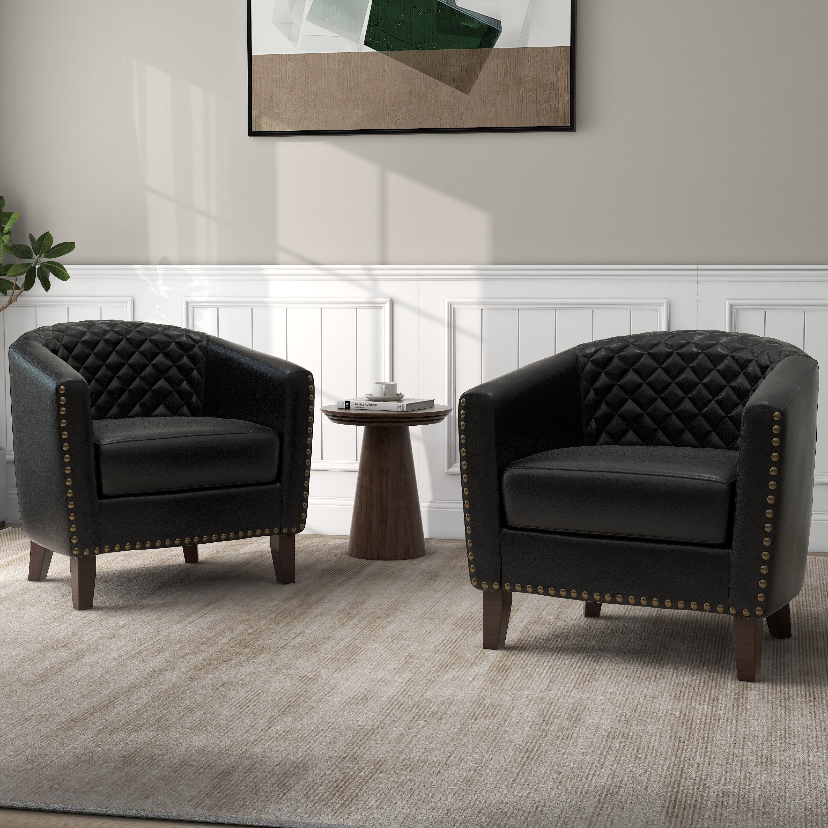 Jerry Guo 2 Set PU Leather Barrel Accent Chairs with Nailheads Trim ...