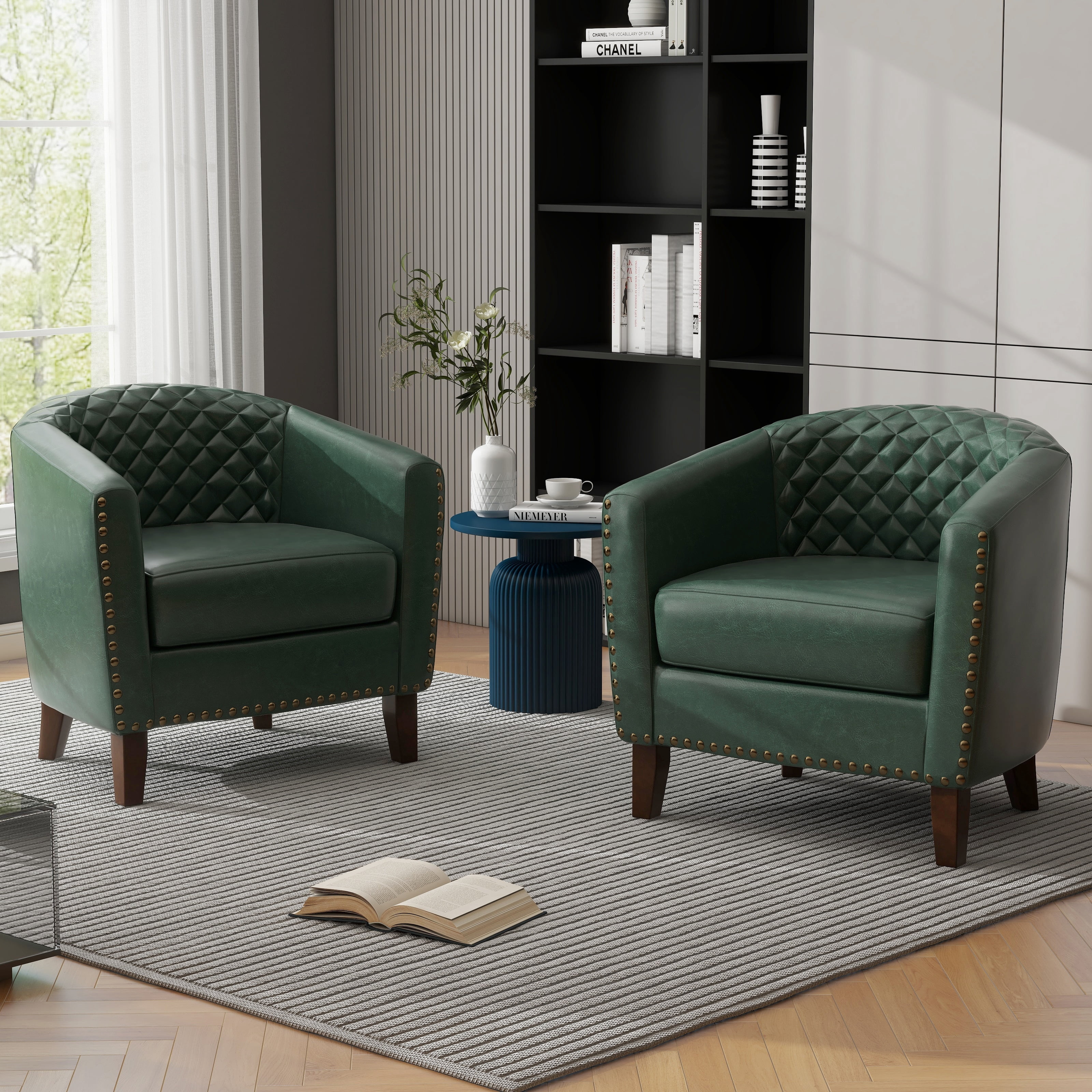 Jerry Guo Set of 2 Green Faux Leather Upholstered Wood Arm Barrel ...